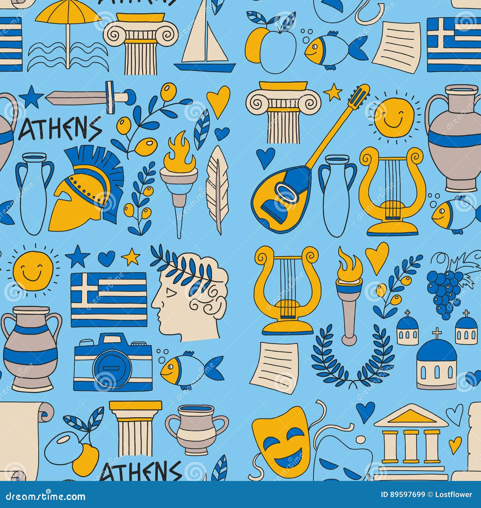 Seamless Pattern Greece Travel Doodle Icons, Elements Sea, Sculpture ...
