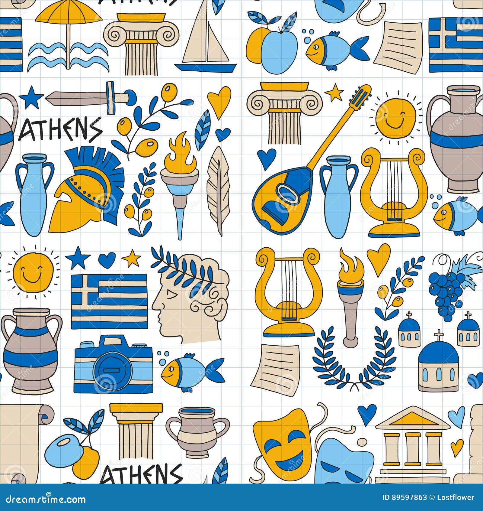 Seamless Pattern Greece Travel Doodle Icons, Elements Sea, Sculpture ...