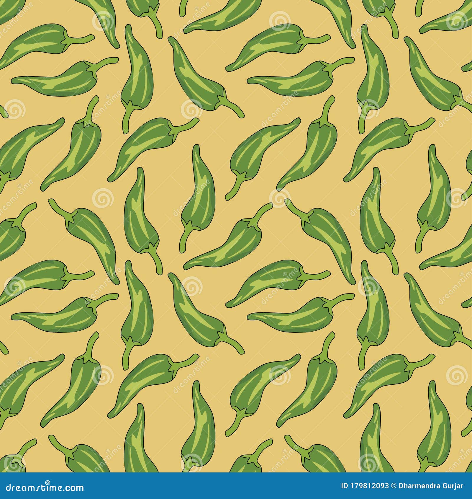 Seamless Pattern with Green Chillies or Pepper on a Yellow Background ...