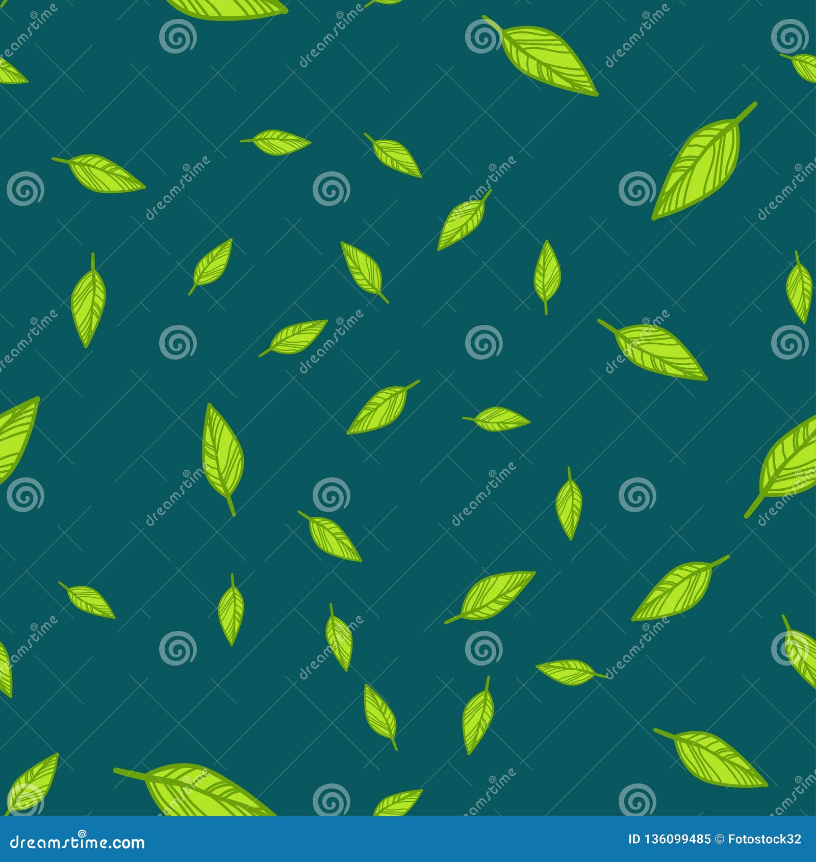 Seamless Pattern of Green Leaves Doodle Stock Vector - Illustration of ...