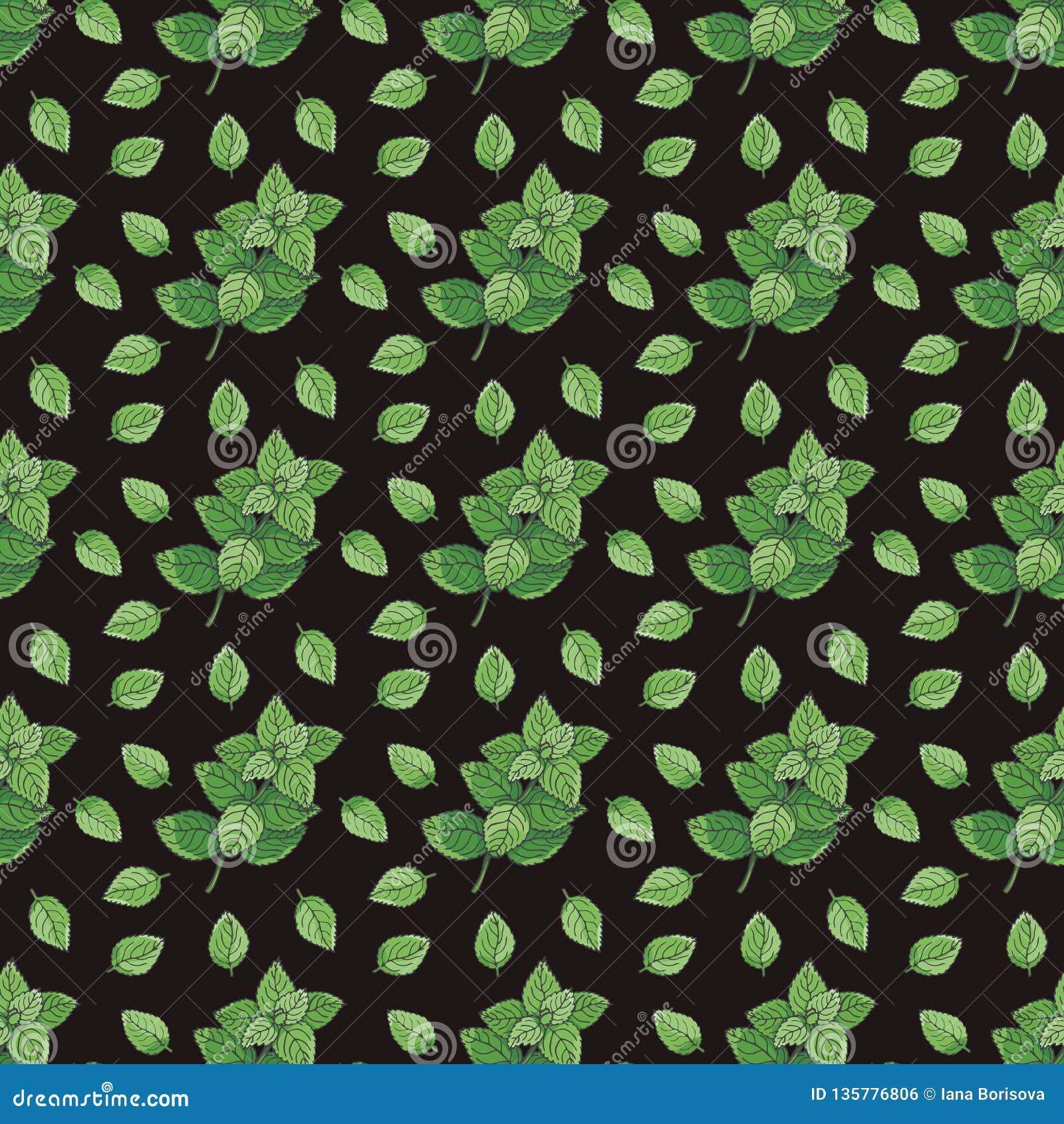 Seamless Pattern. Green Mint and Mint Leaves on a Dark Background Stock ...