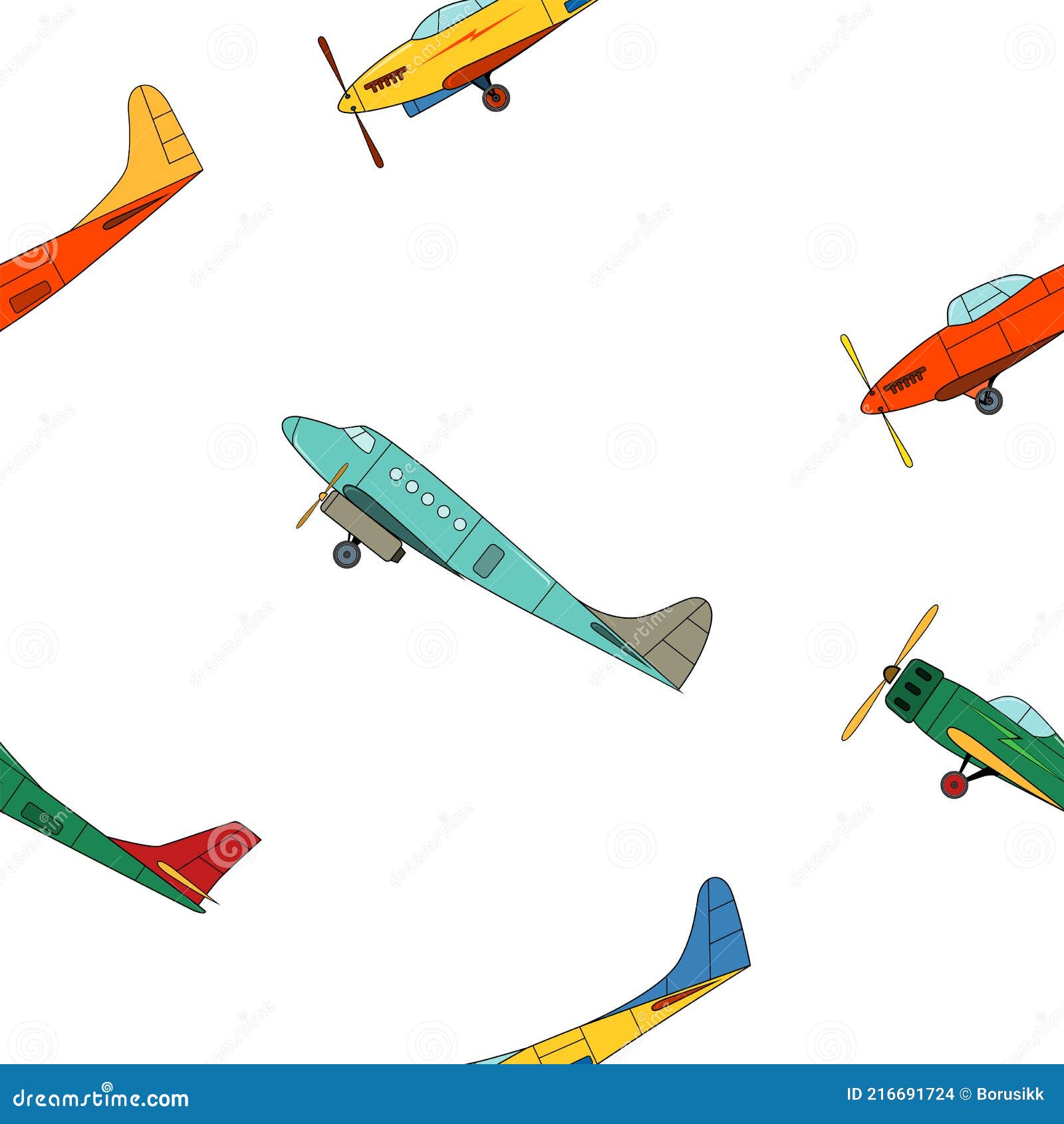 Seamless Pattern with Green, Red and Yellow Planes in Cartoon Style on ...