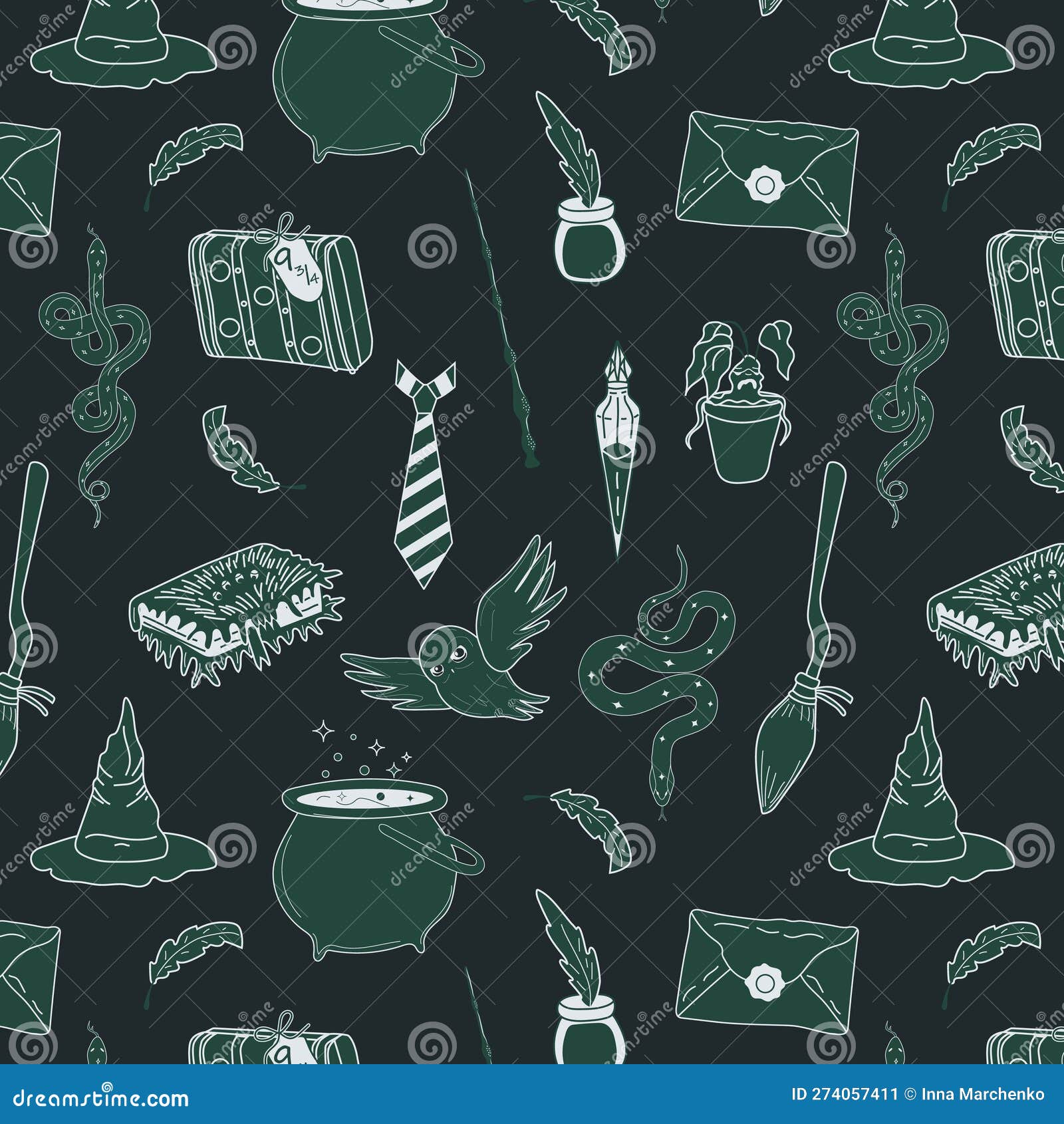 Seamless Pattern with Green Set of Magical Things from a Wizard School ...