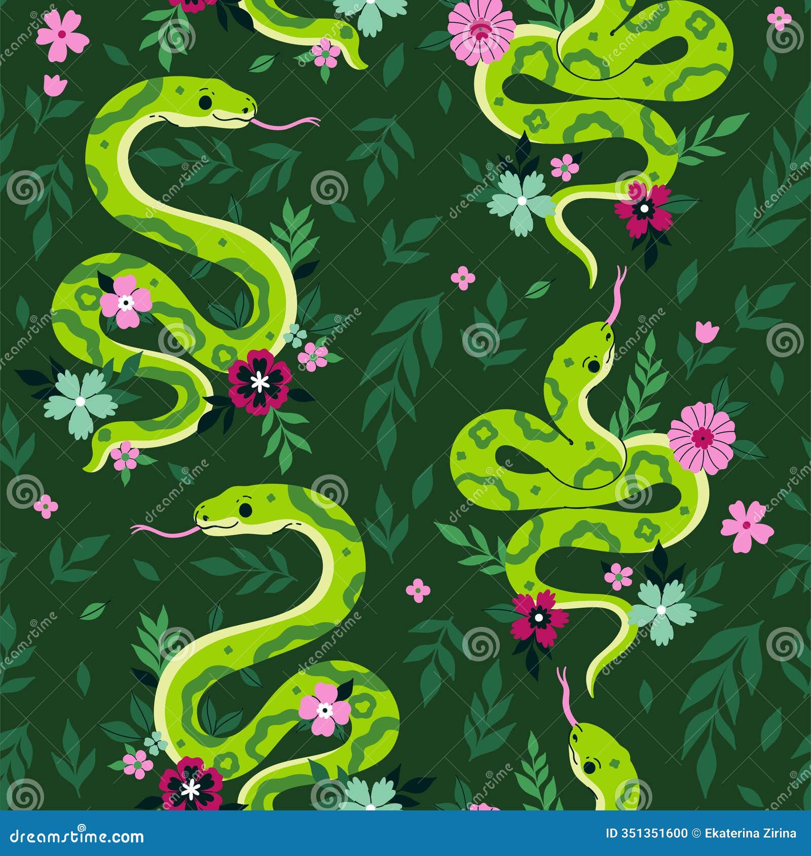 Seamless Pattern with Green Snakes and Flowers. Vector Graphics Stock Illustration ...