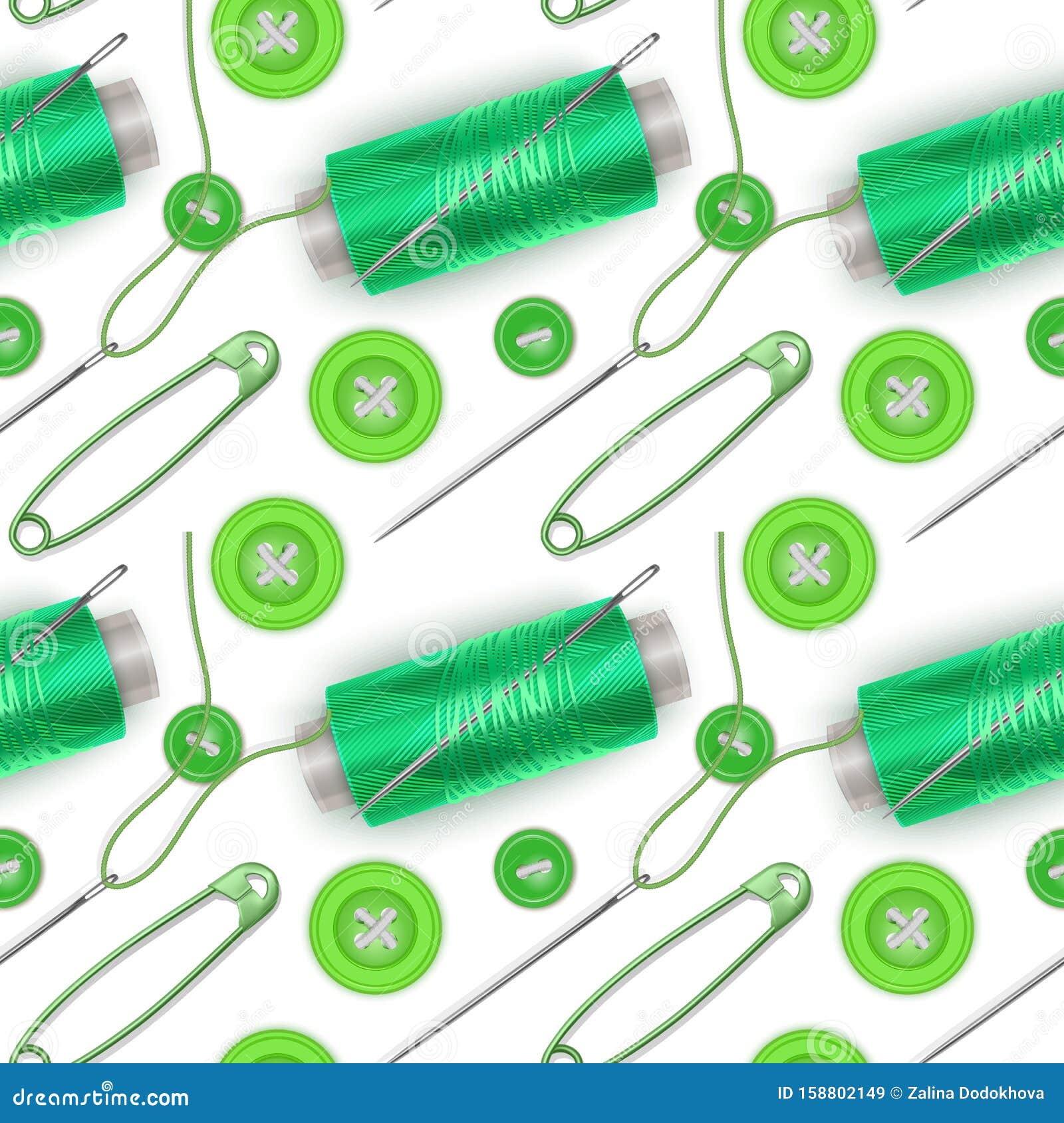 Seamless Pattern with Green Thread, Green Buttons, Needle and Pin for ...