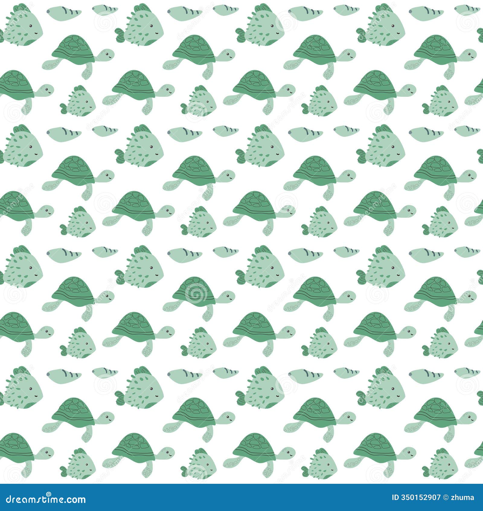 Seamless Pattern of Green Turtles, Fish, and Rock Shapes on White Stock ...