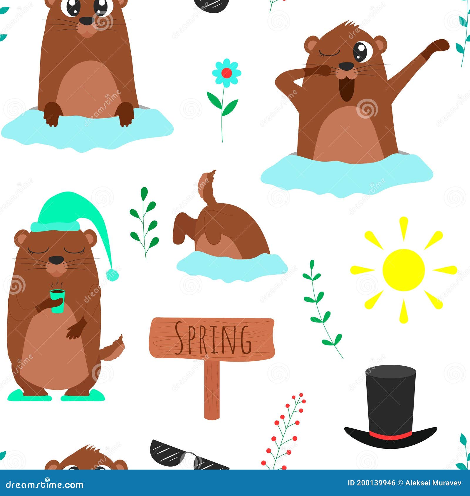 Seamless Pattern of Groundhog Day Illustrations. Vector Cartoon ...