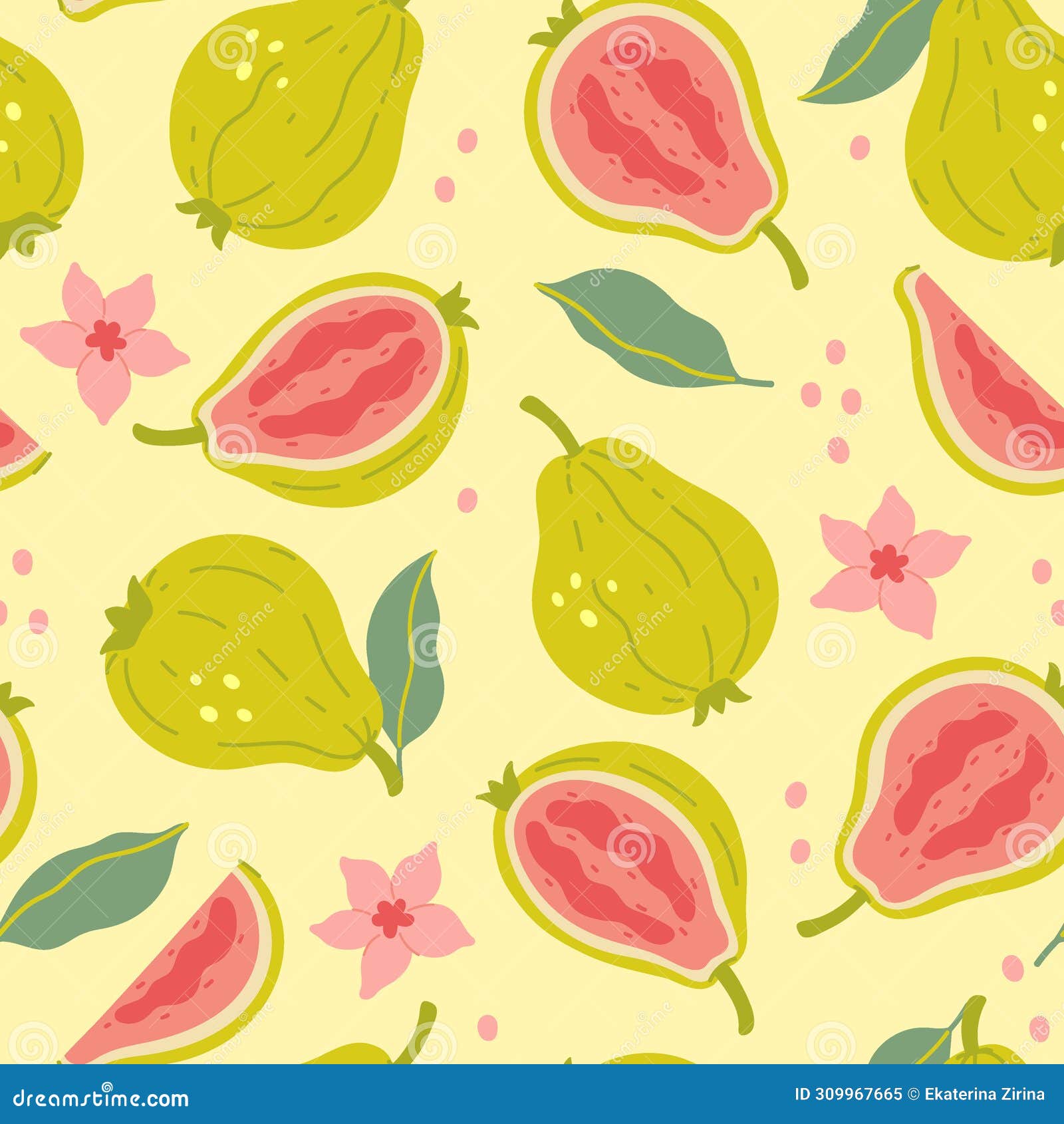 Seamless Pattern with Guava Fruits, Leaves and Flowers. Vector Graphics ...