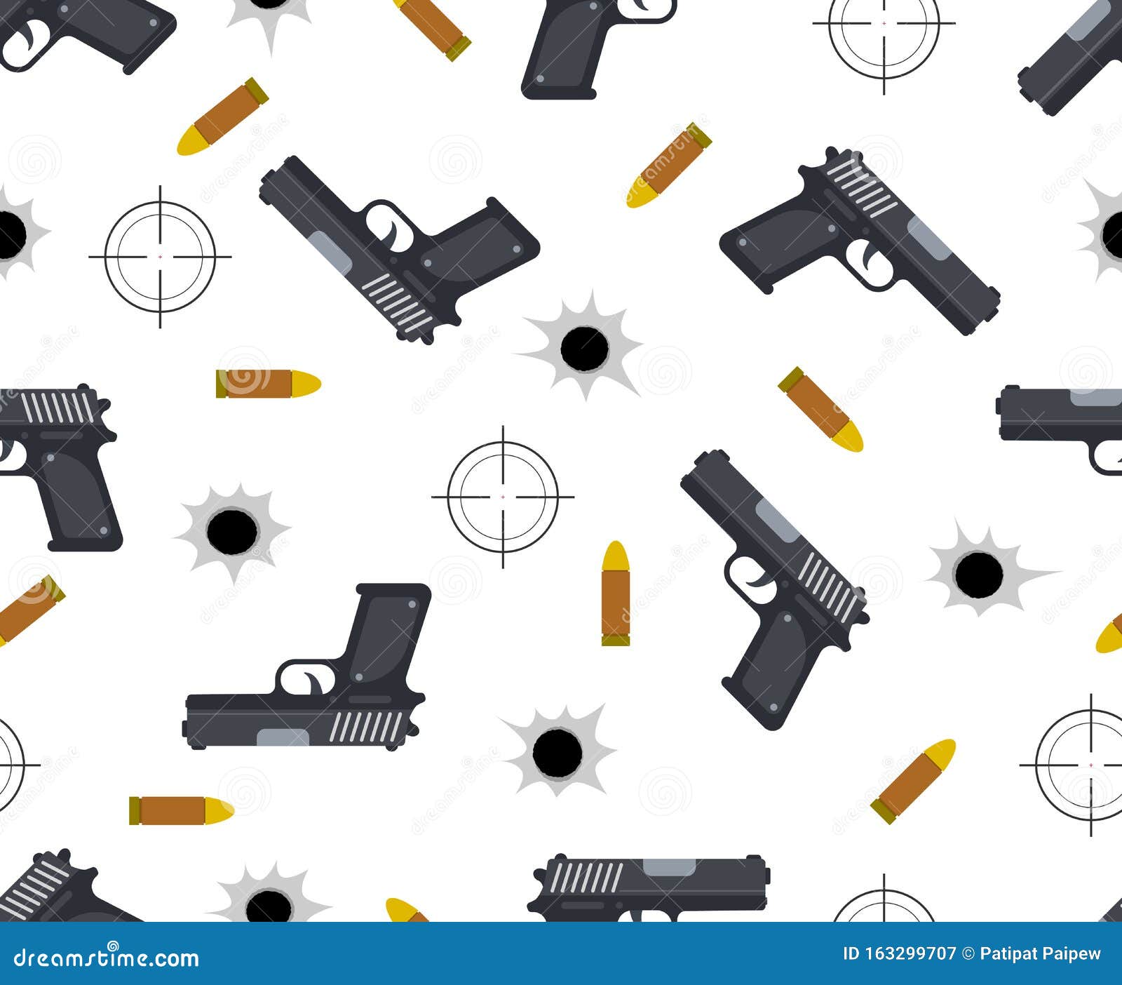 Seamless Pattern of Gun with Bullet and Bullet Holes on White ...
