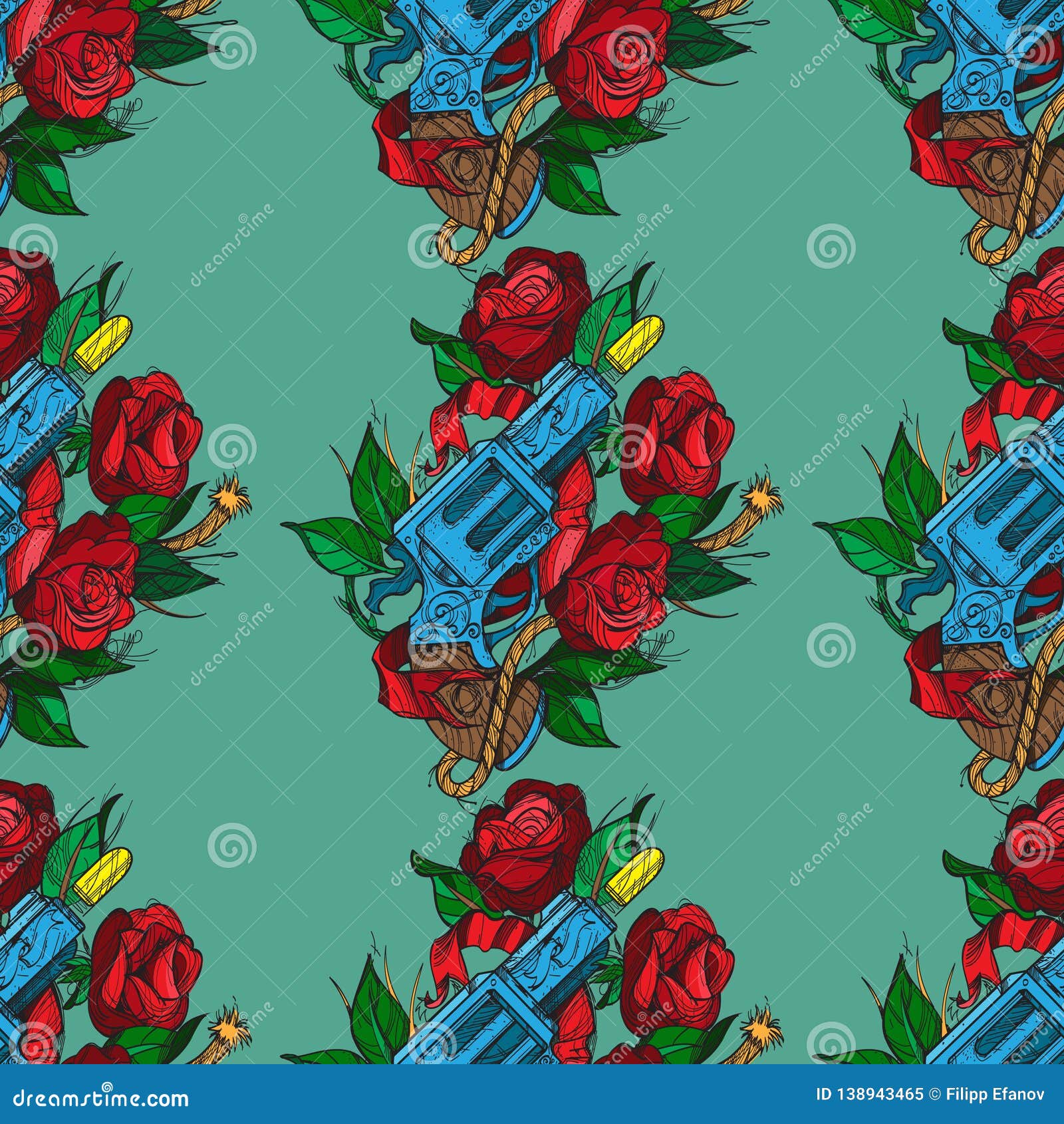 Seamless Pattern a Gun and Roses on Olive Background. Design of Surface ...