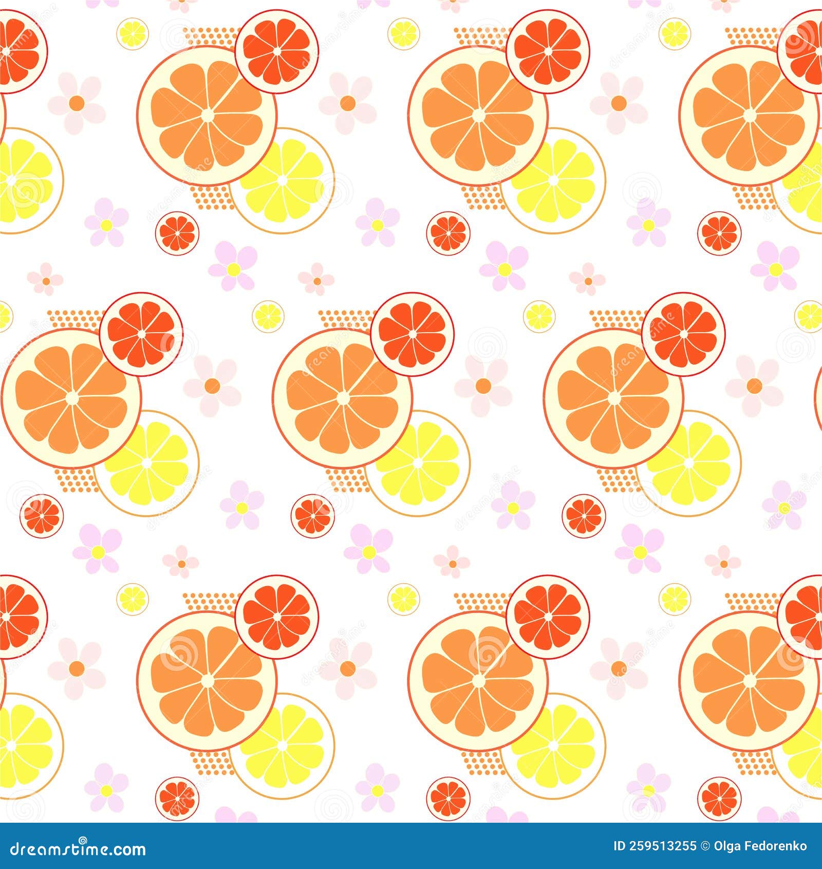 Seamless Floral Pattern of Fruit Half Orange with Flowers on White ...