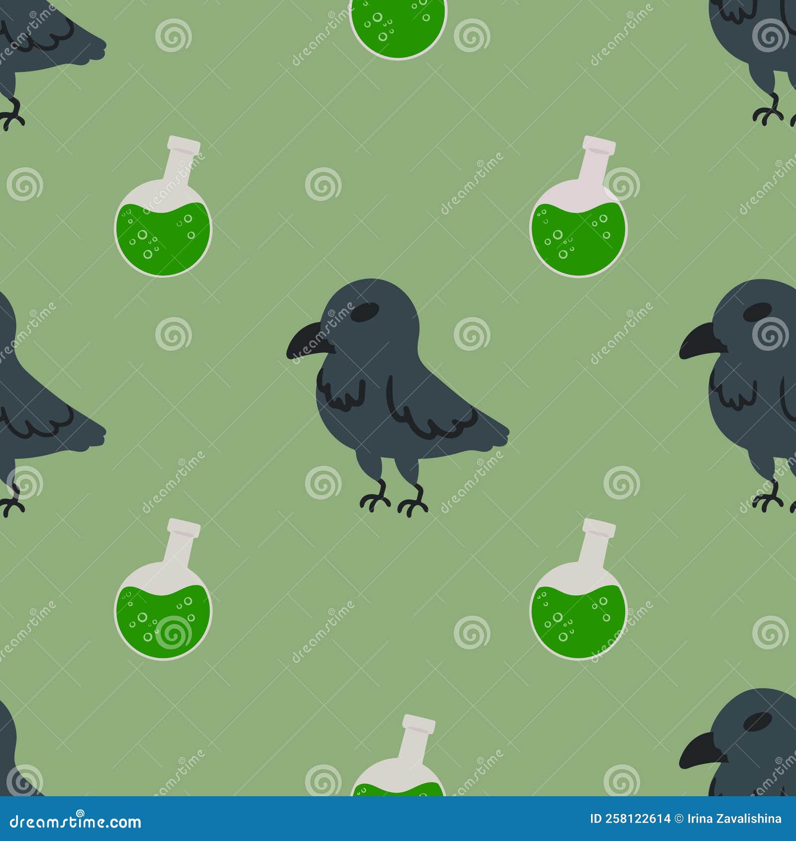 Seamless Pattern for Halloween. Repeating Crows and Potion Bottles ...