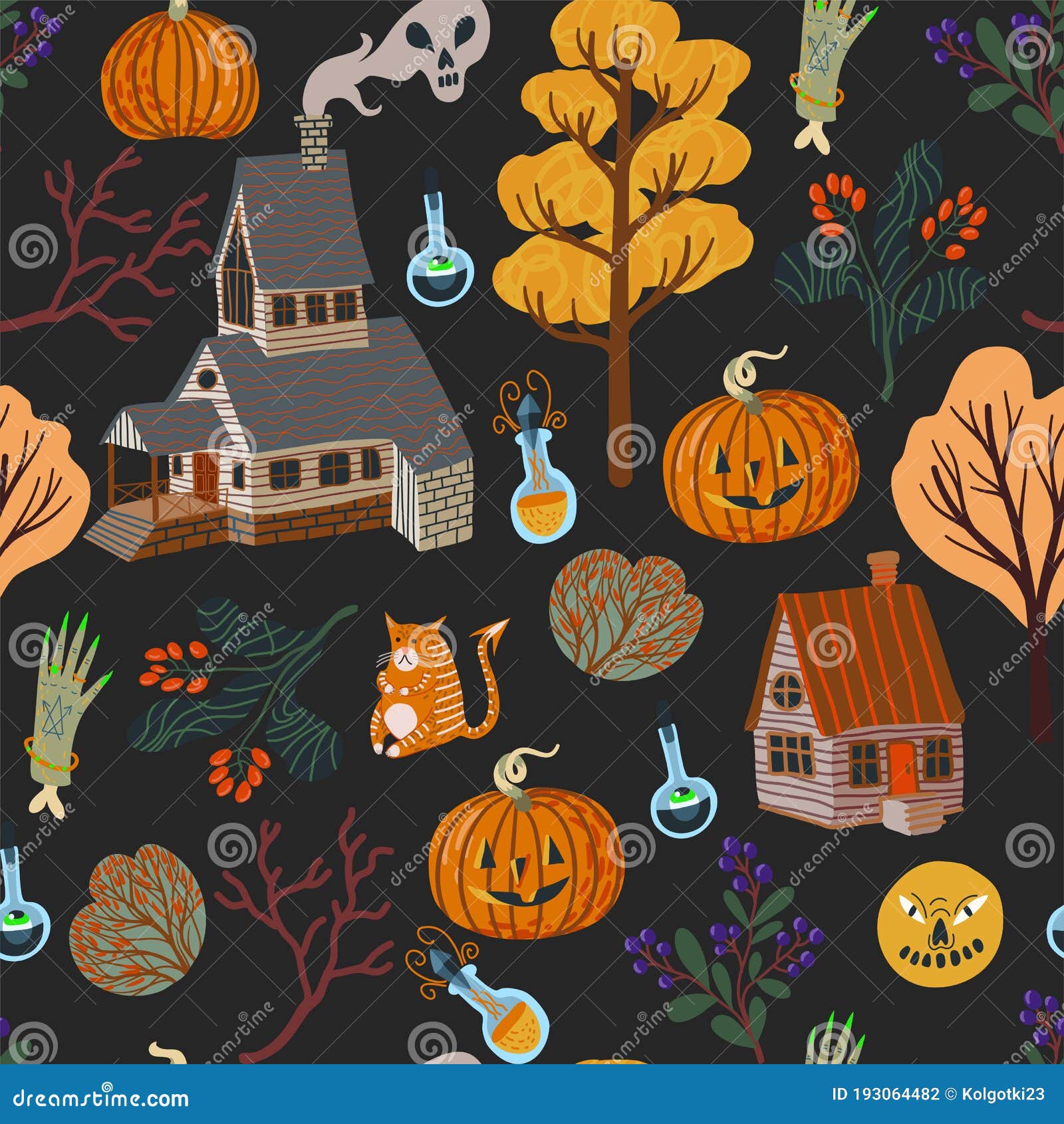 Seamless Pattern with Halloween Scary Elements. Vector Cartoon Flat ...