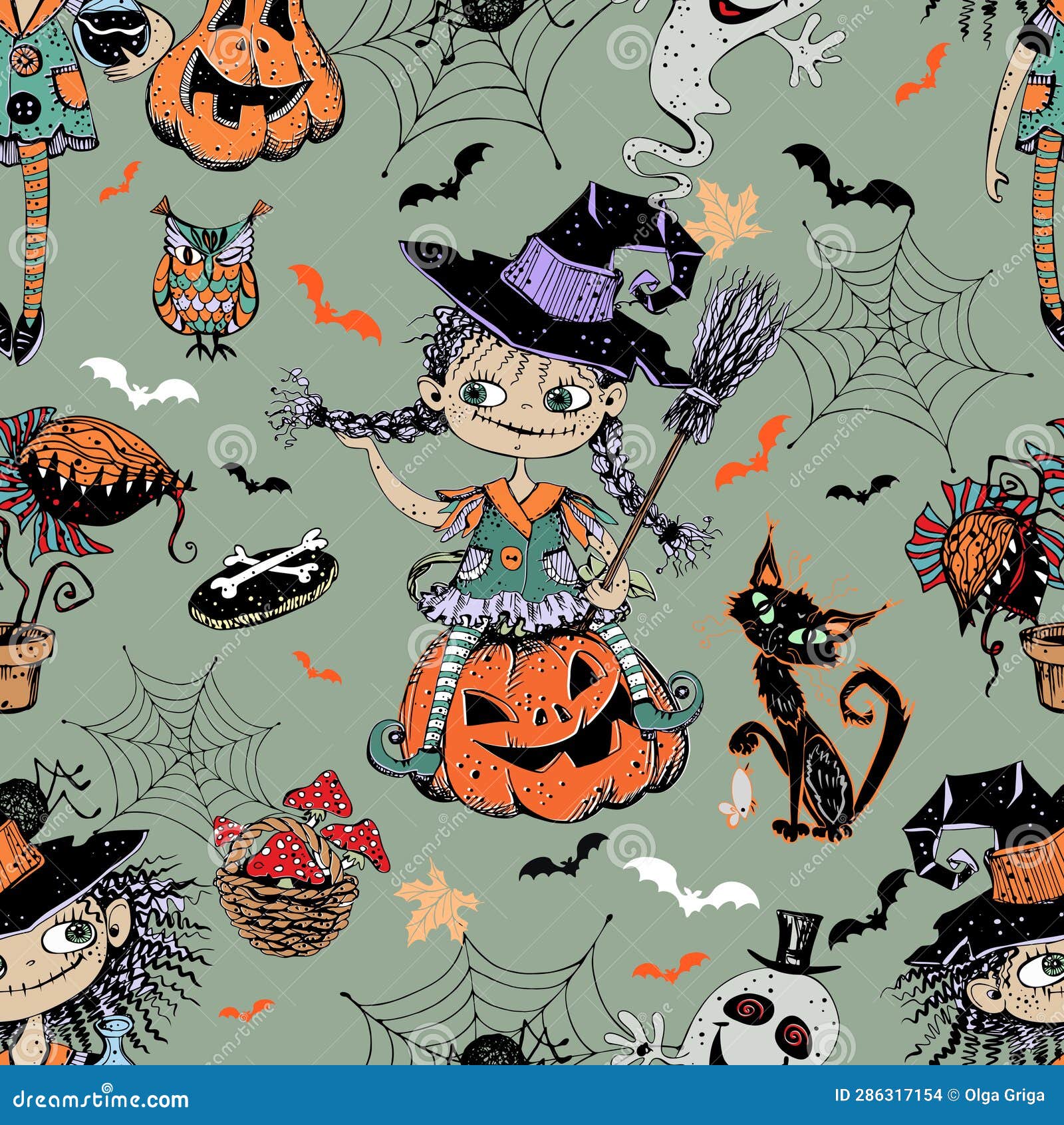 Seamless Pattern on Halloween Theme with Little Girls Witches Pumpkins and Various Horror ...