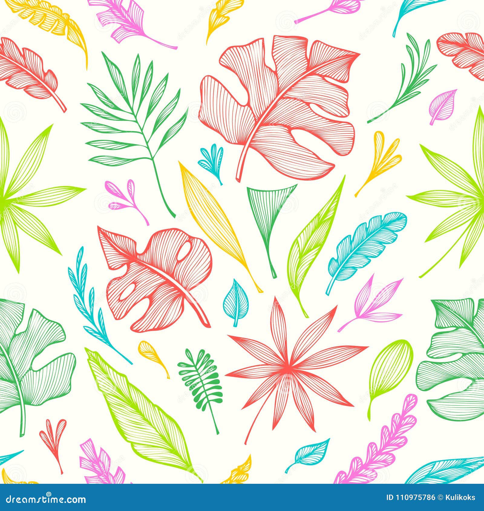 Seamless Pattern from Hand Draw Structure of Tropic Leaves Colorful on ...