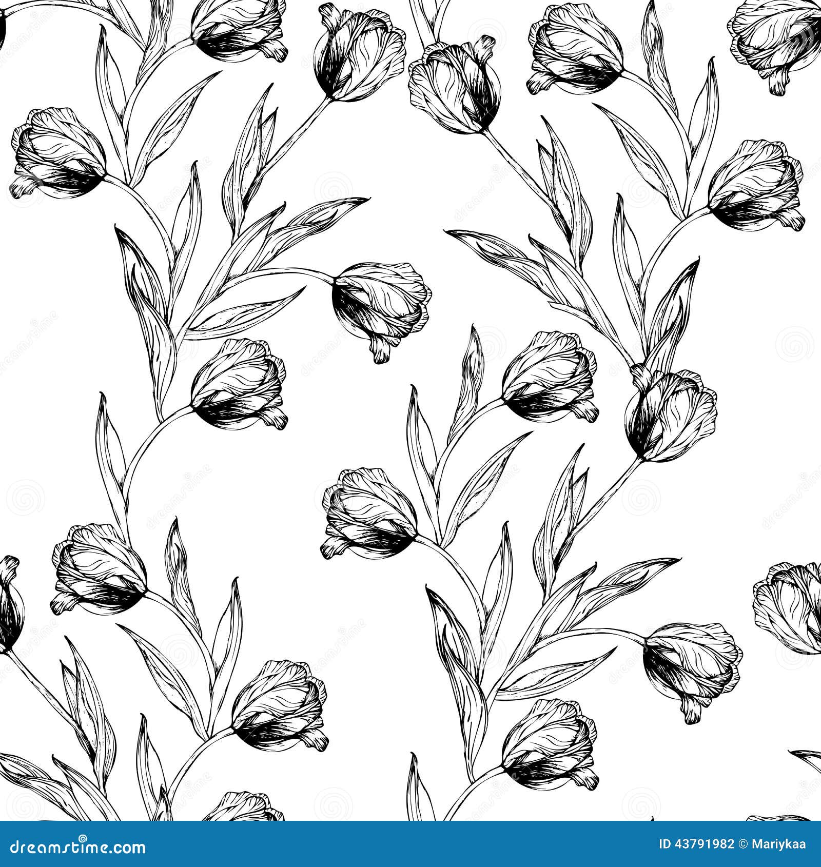 Seamless Pattern with Hand Drawing Black and White Tulips Flowers Stock ...