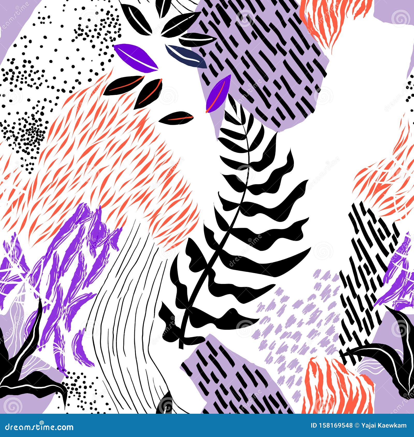 Seamless Pattern, Hand Drawn Abstract Shape and Plants on White Stock ...