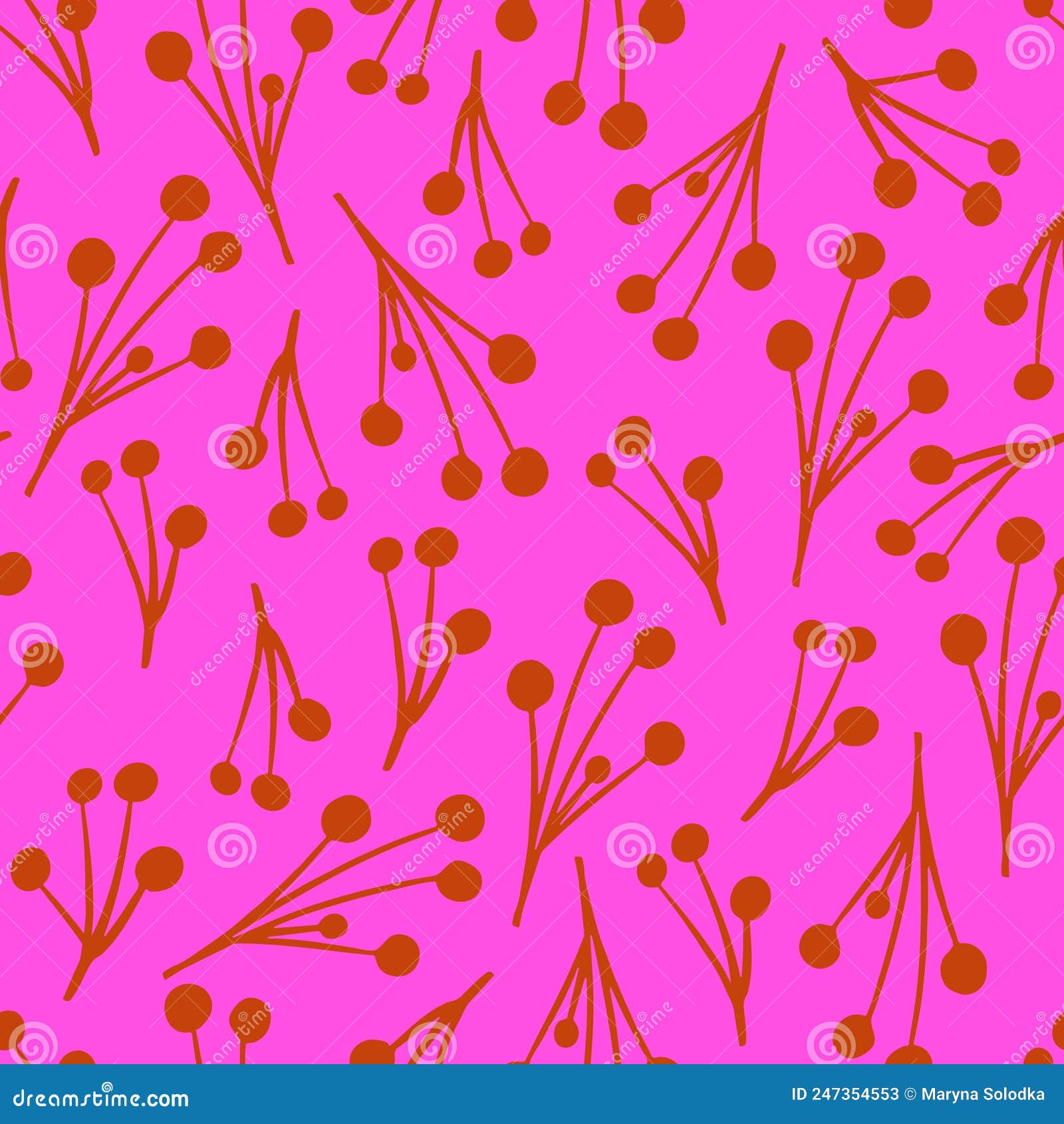 Seamless Pattern with Hand Drawn Berry on Branch. Pink Minimal Floral ...
