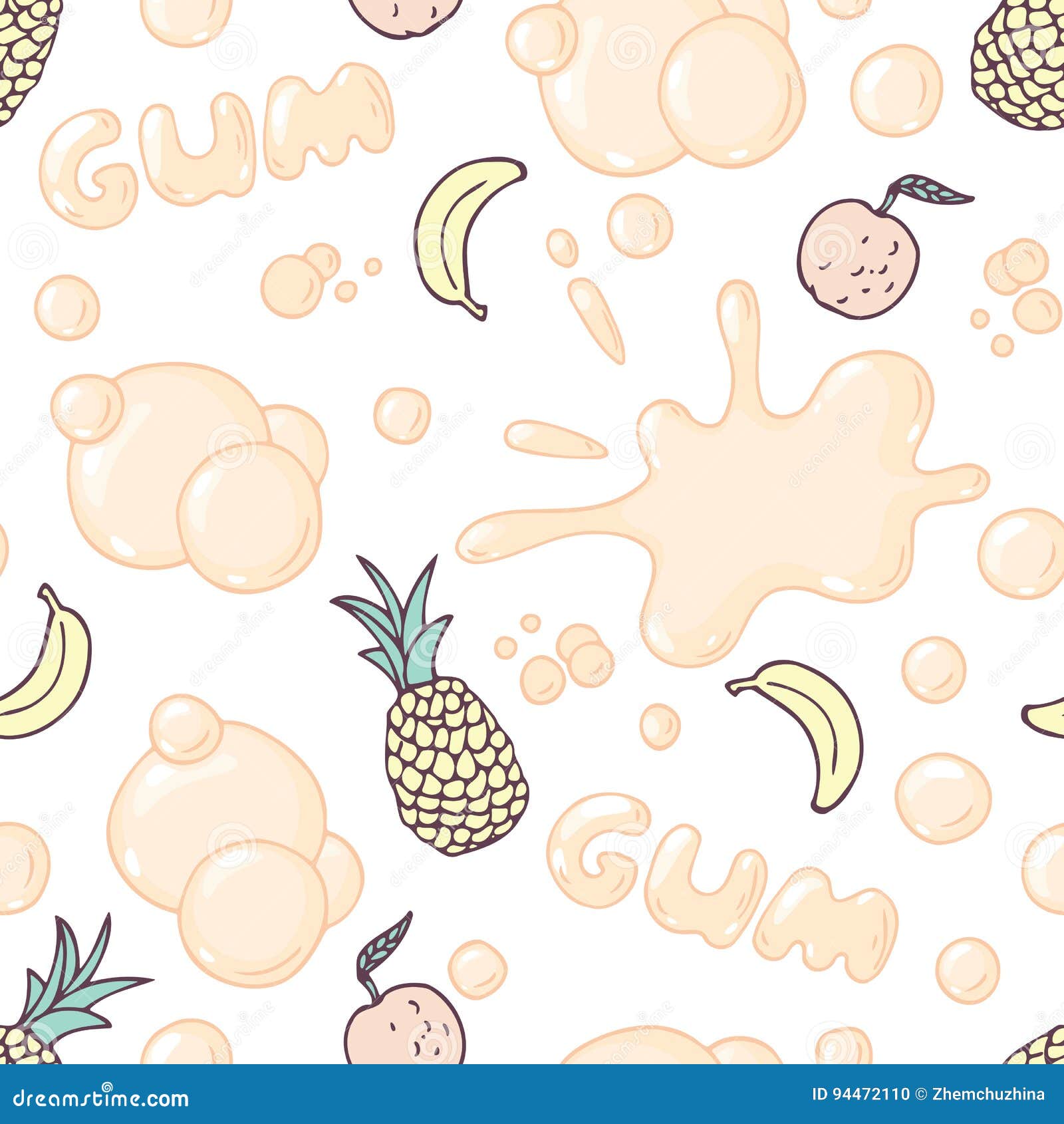 Seamless Pattern with Hand Drawn Bubble Gum. Multifruit Flavor Stock ...