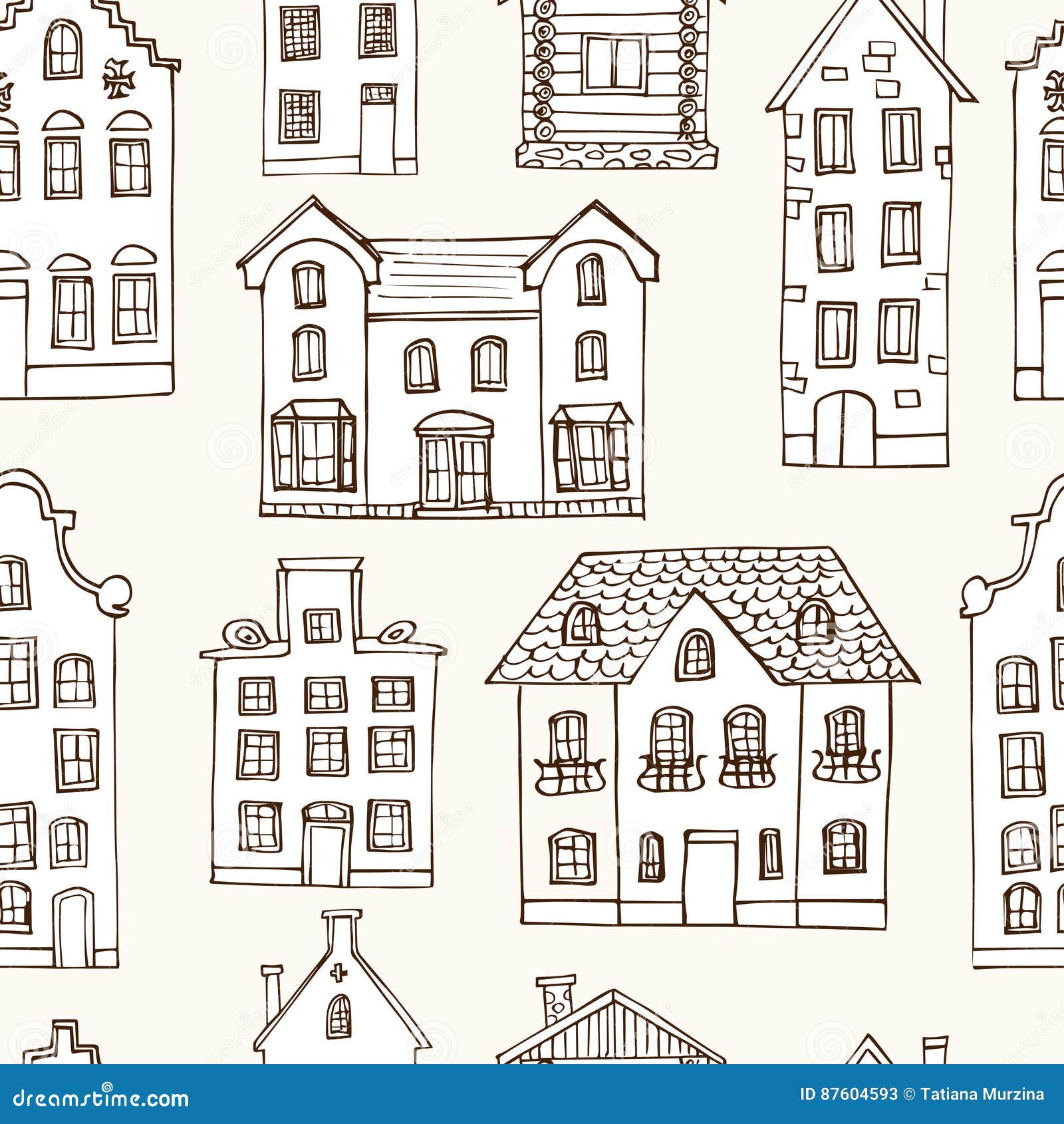 Seamless Pattern Hand Drawn Buildings. Vector Illustration. Stock ...