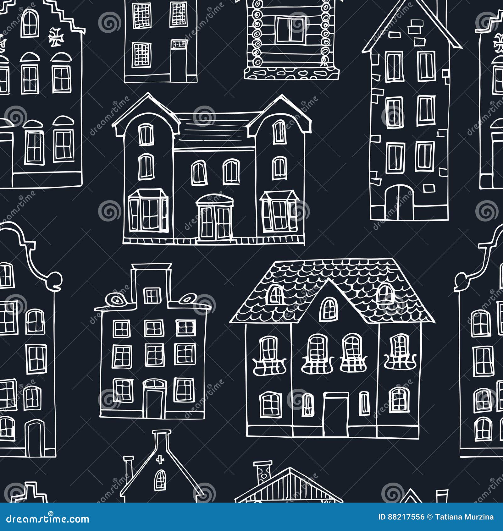 Seamless Pattern Hand Drawn Buildings. Vector Illustration. Stock ...