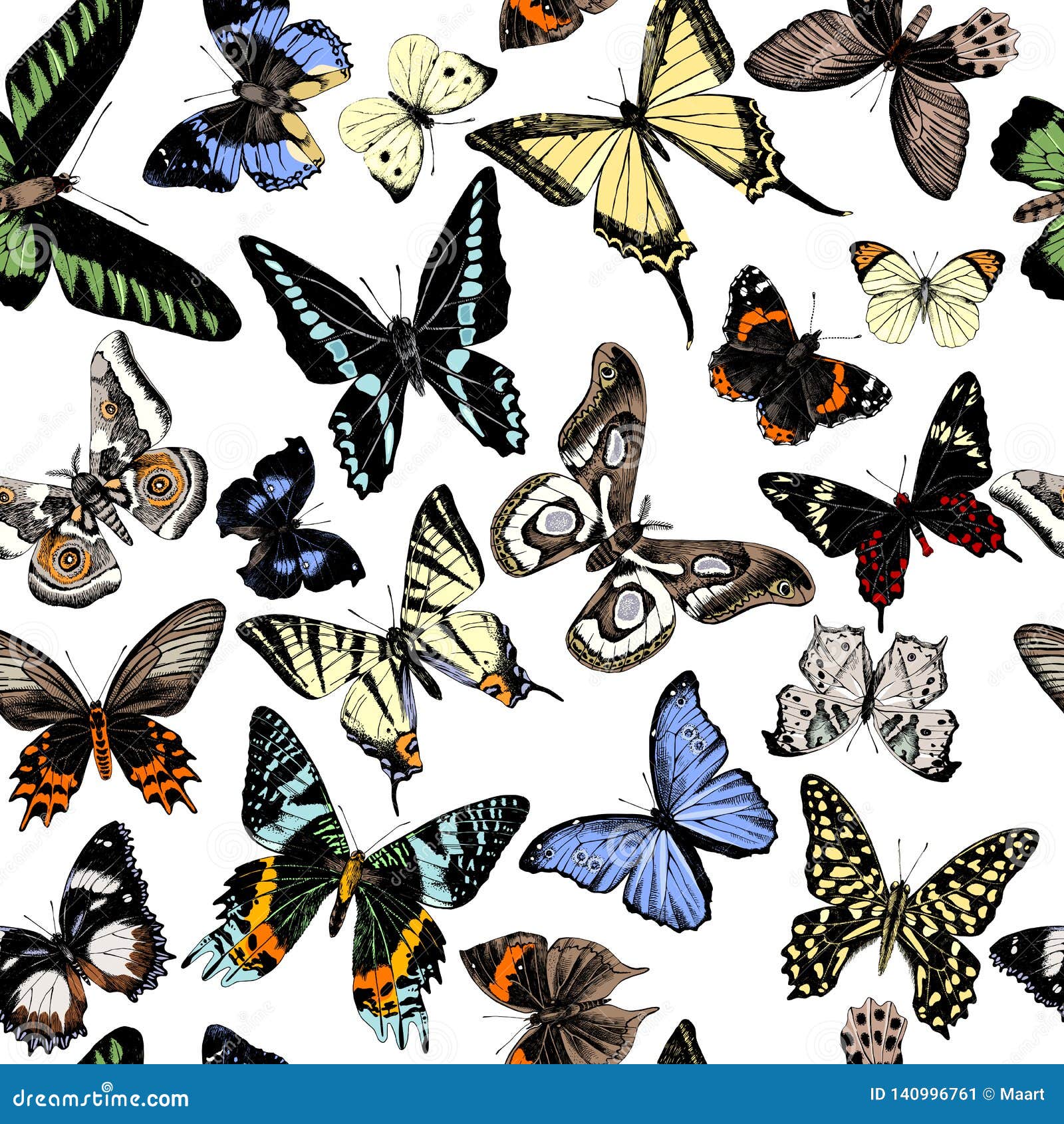 Seamless Pattern with Hand Drawn Butterflies Stock Vector ...