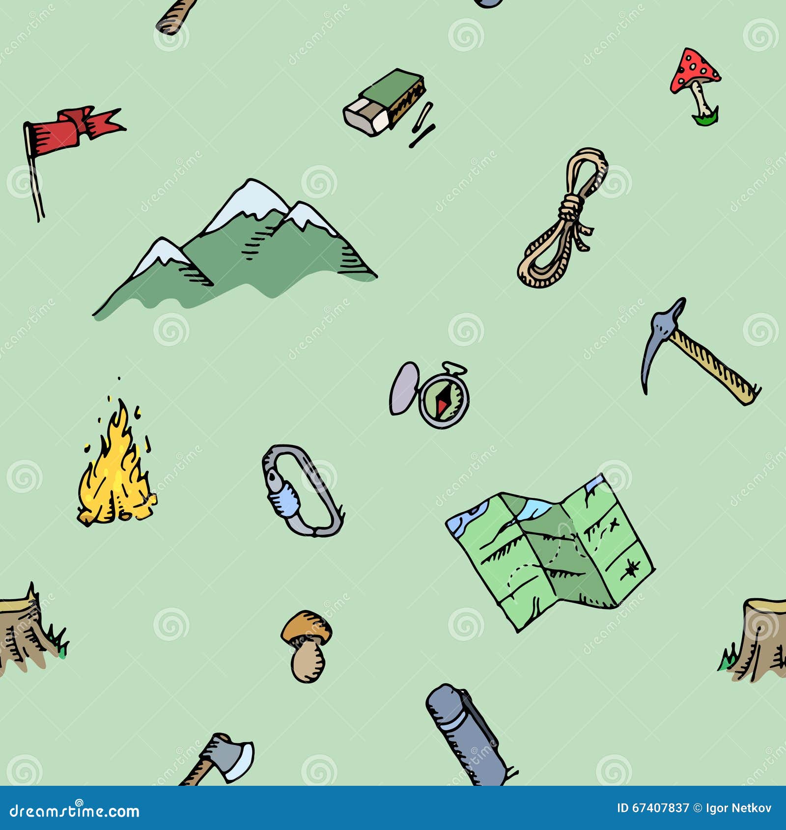 Seamless Pattern Hand Drawn Camping Adventure Set . Doodle Elements ... Seamless Pattern Hand Drawn Camping Adventure Set . Doodle Elements ...