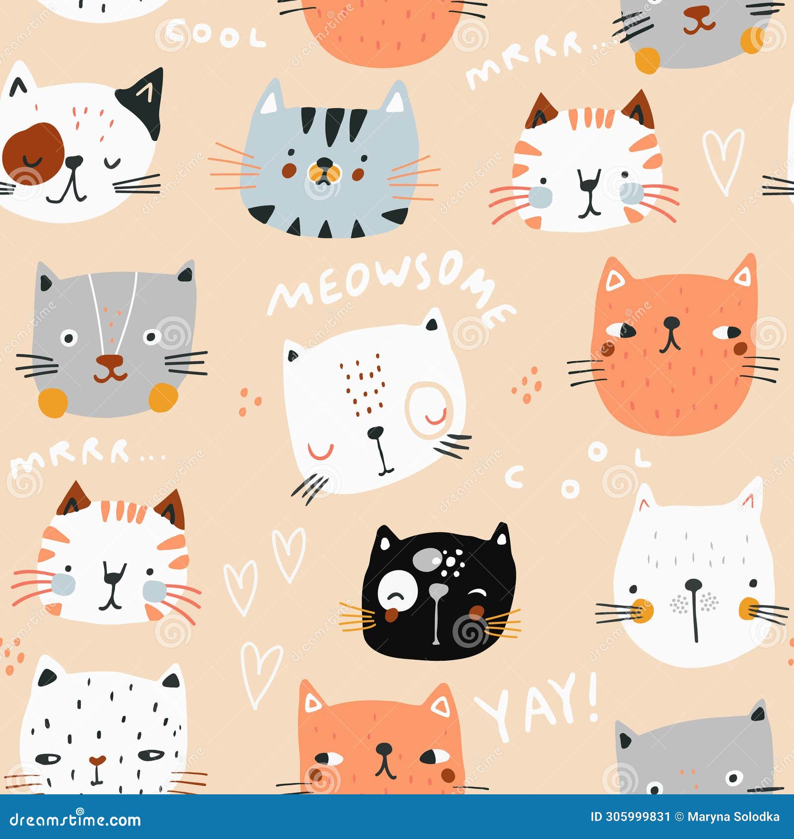 Seamless Pattern with Hand Drawn Cat Faces. Creative Cats Texture Stock ...
