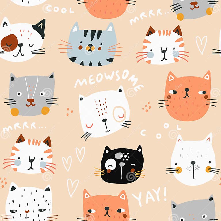 Seamless Pattern with Hand Drawn Cat Faces. Creative Cats Texture Stock ...