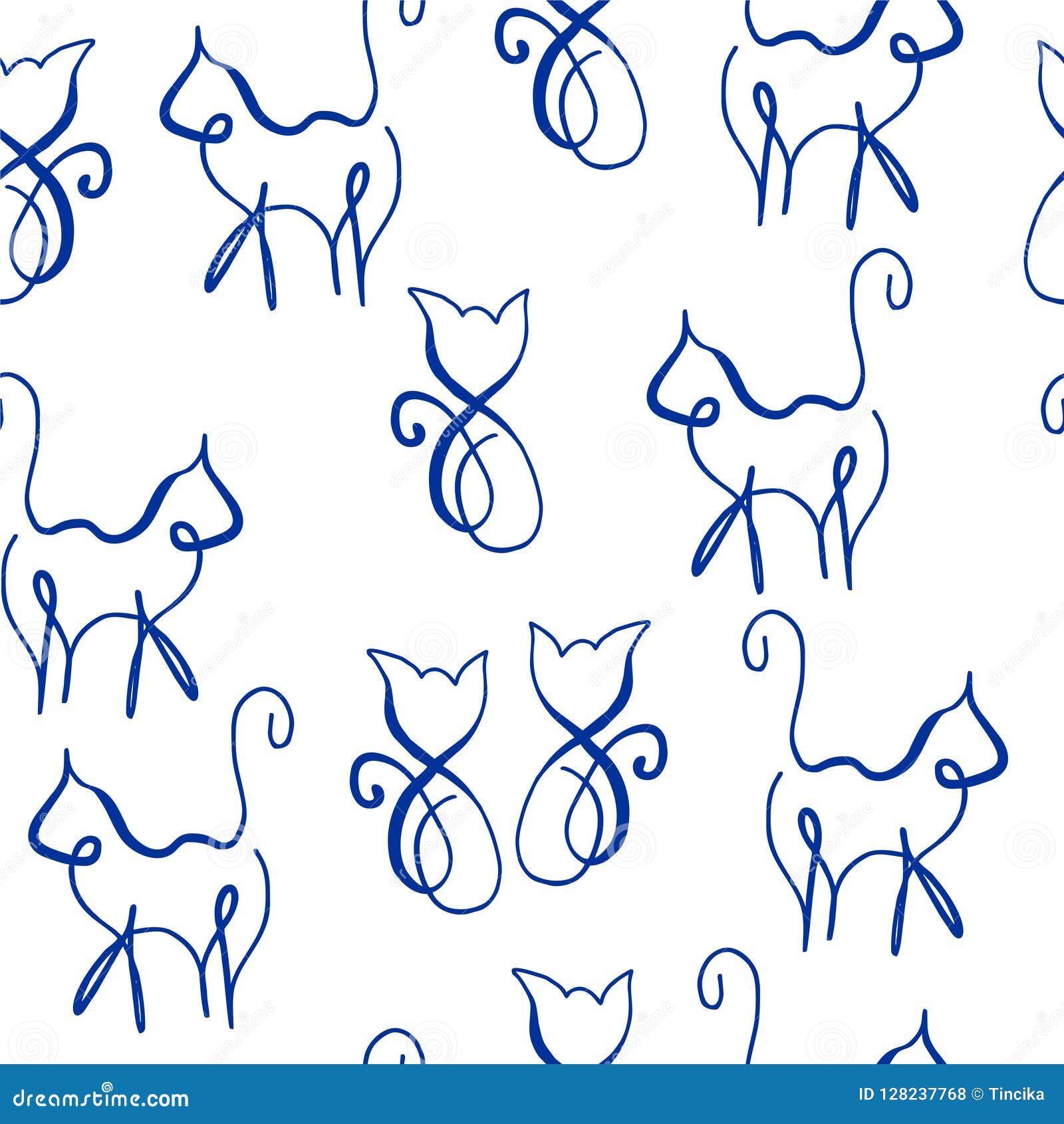 Seamless Pattern from Hand Drawn Cats - One Line Art. Stock Vector ...