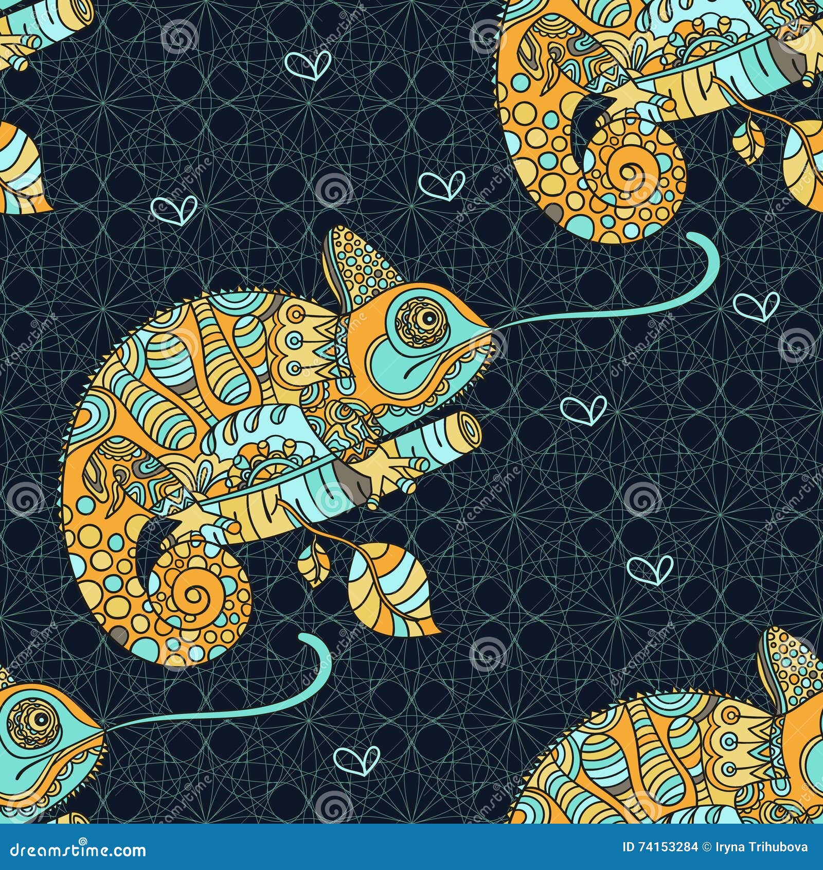 Seamless Pattern with Hand Drawn Chameleon. Stock Vector - Illustration ...