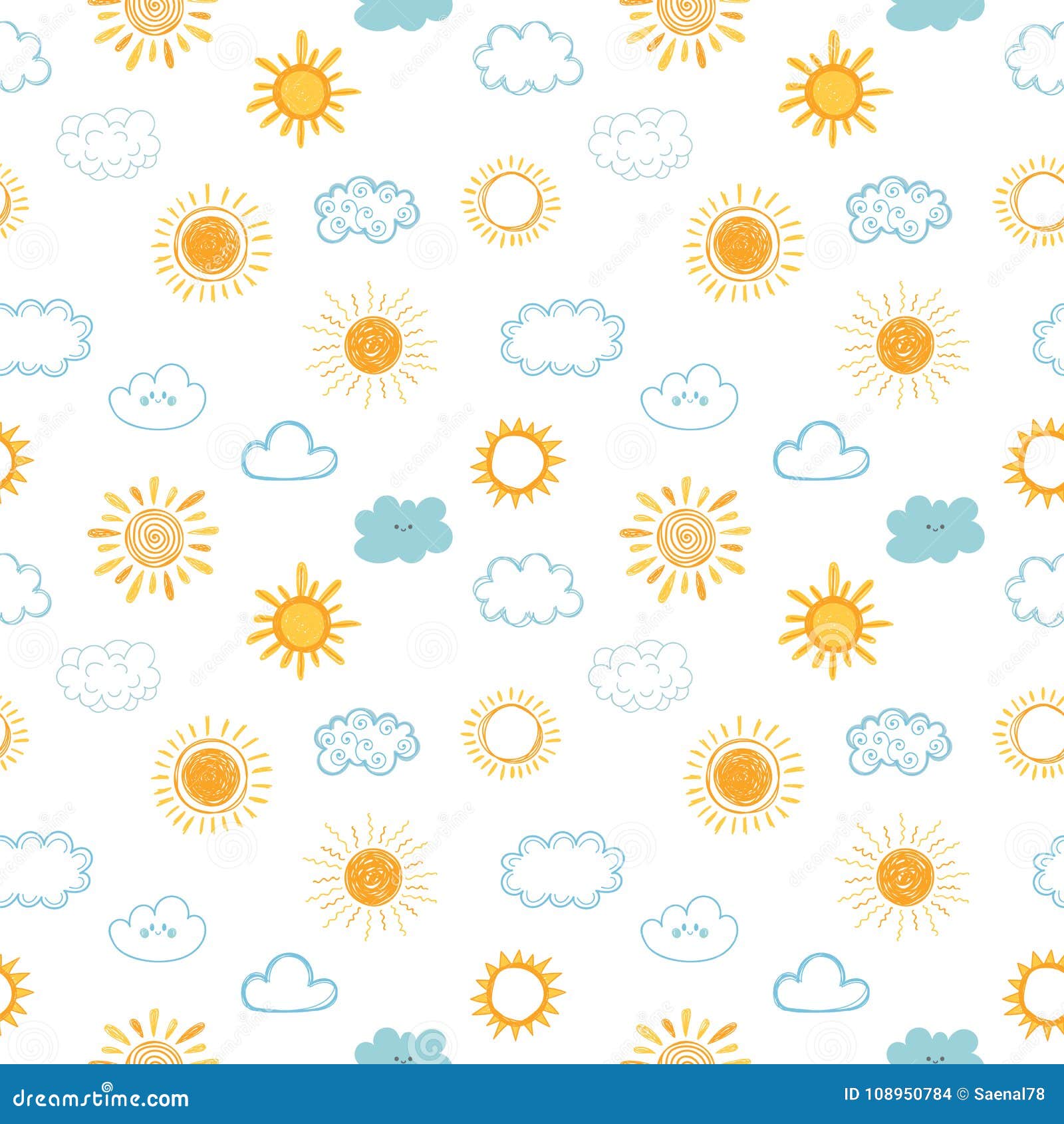 Seamless Pattern with Hand Drawn Clouds and Sun. Doodle, Sketch Stock ...