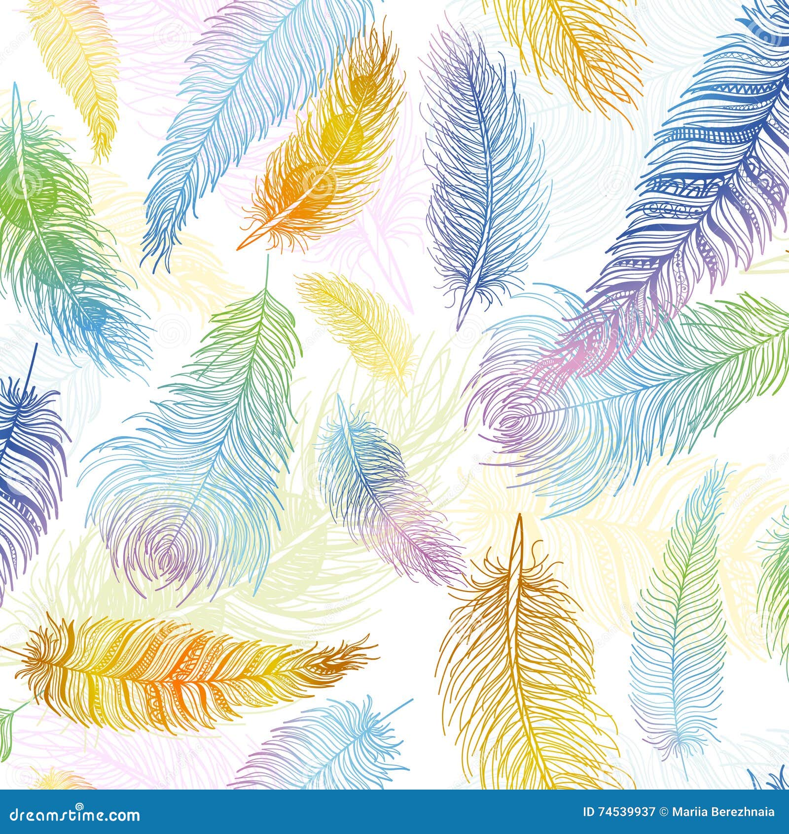 Seamless Pattern. Hand Drawn Colored Bird Feathers. Boho Style. Stock ...