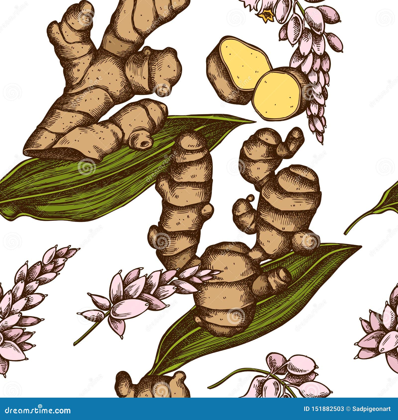 Seamless Pattern with Hand Drawn Colored Ginger Stock Vector ...