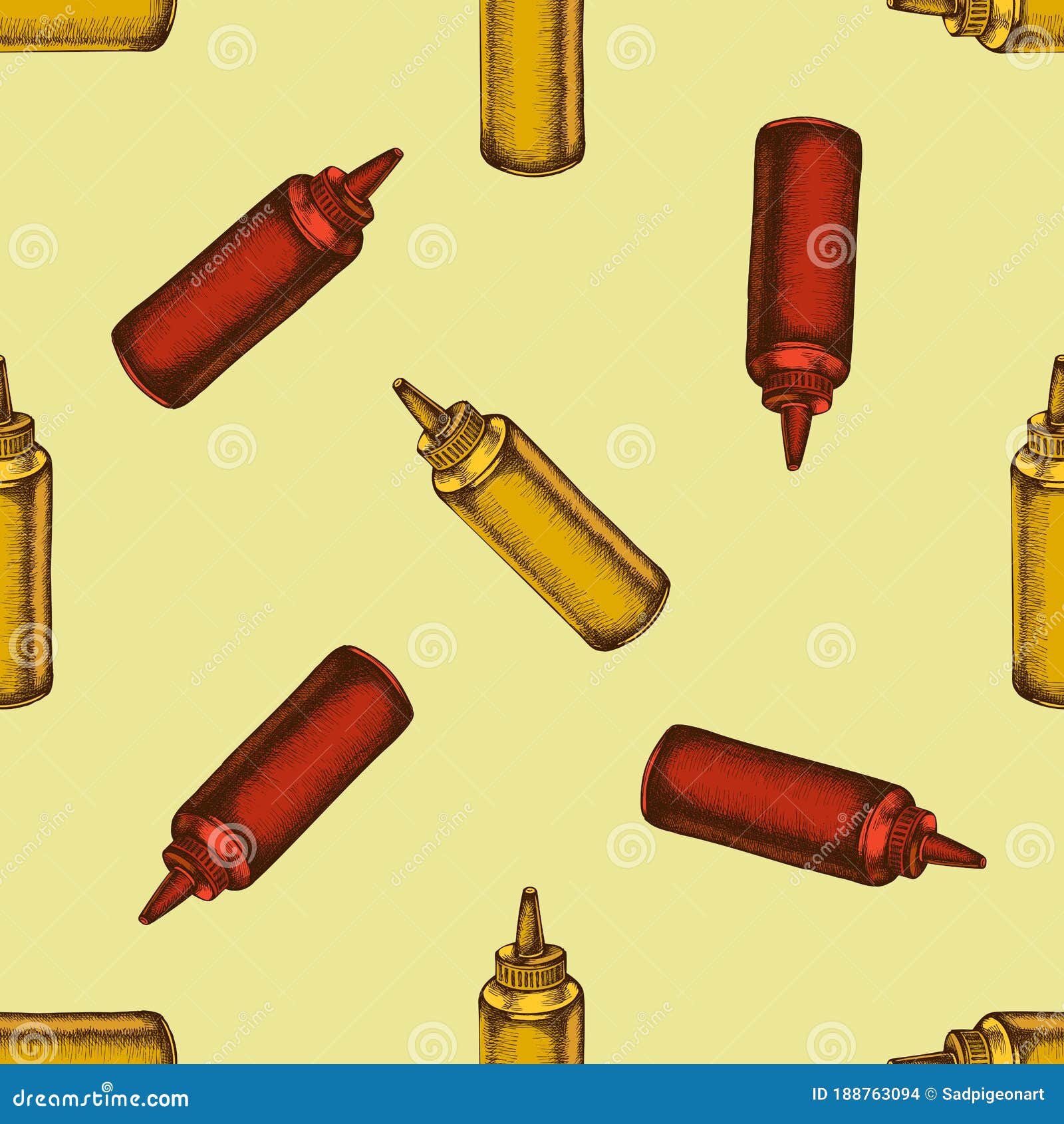 Seamless Pattern with Hand Drawn Colored Sauce Bottles Stock Vector ...