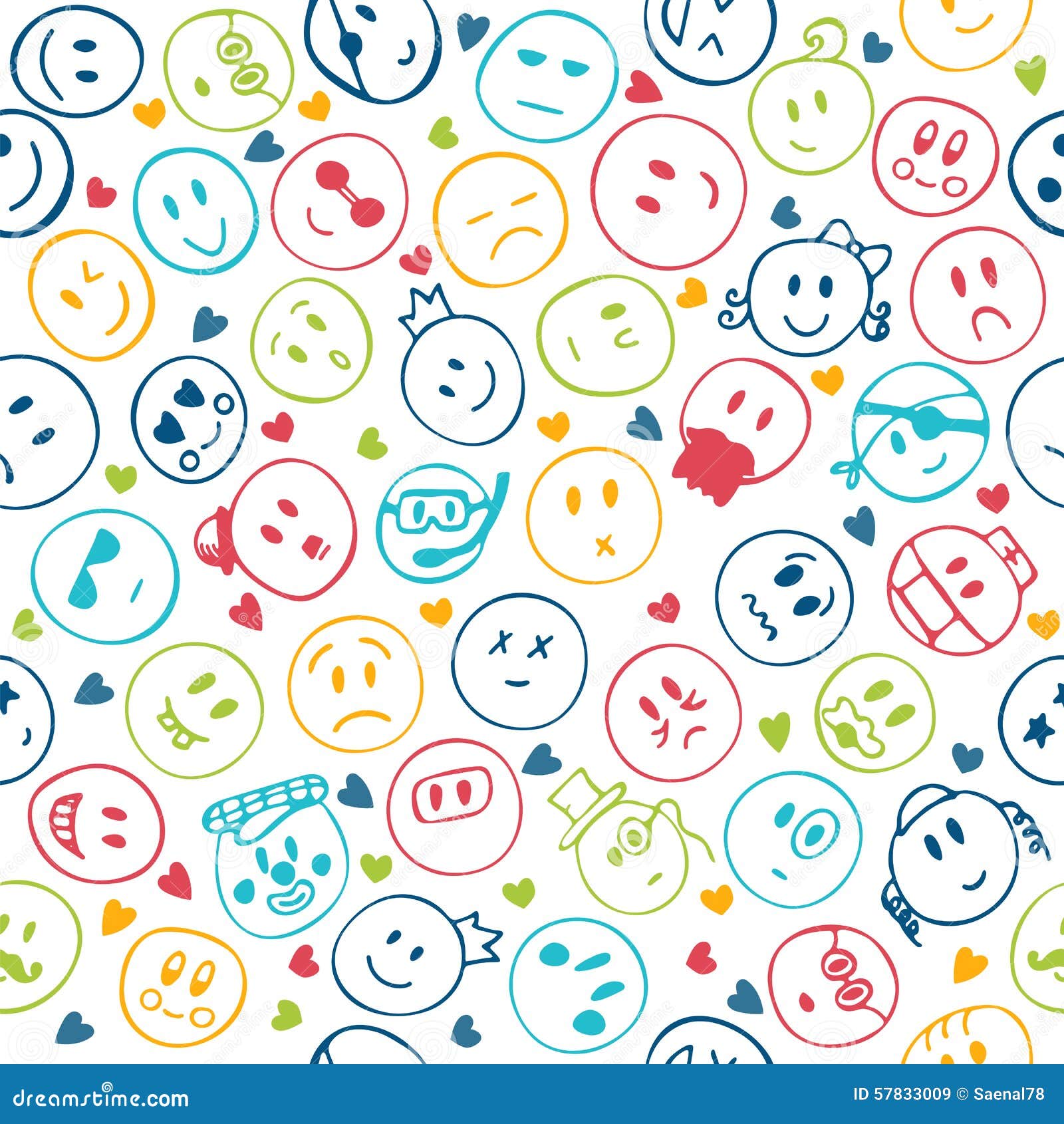 Seamless Pattern of Hand Drawn Colorful Smiley Funny Faces Stock Vector ...