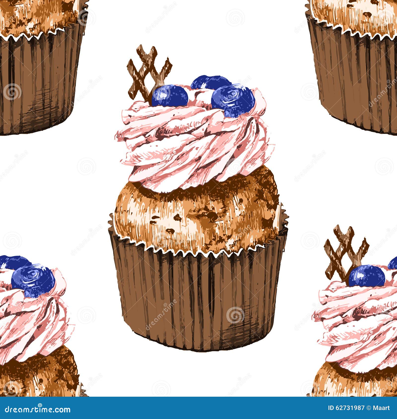 Seamless Pattern with Hand Drawn Cupcakes Stock Vector - Illustration ...