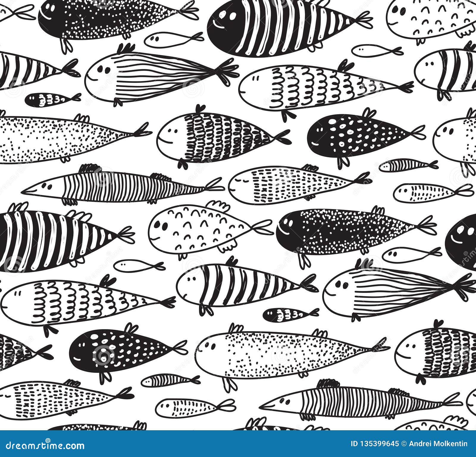 Seamless Pattern with Hand Drawn Cute Fish in Sketch Style. Stock ...