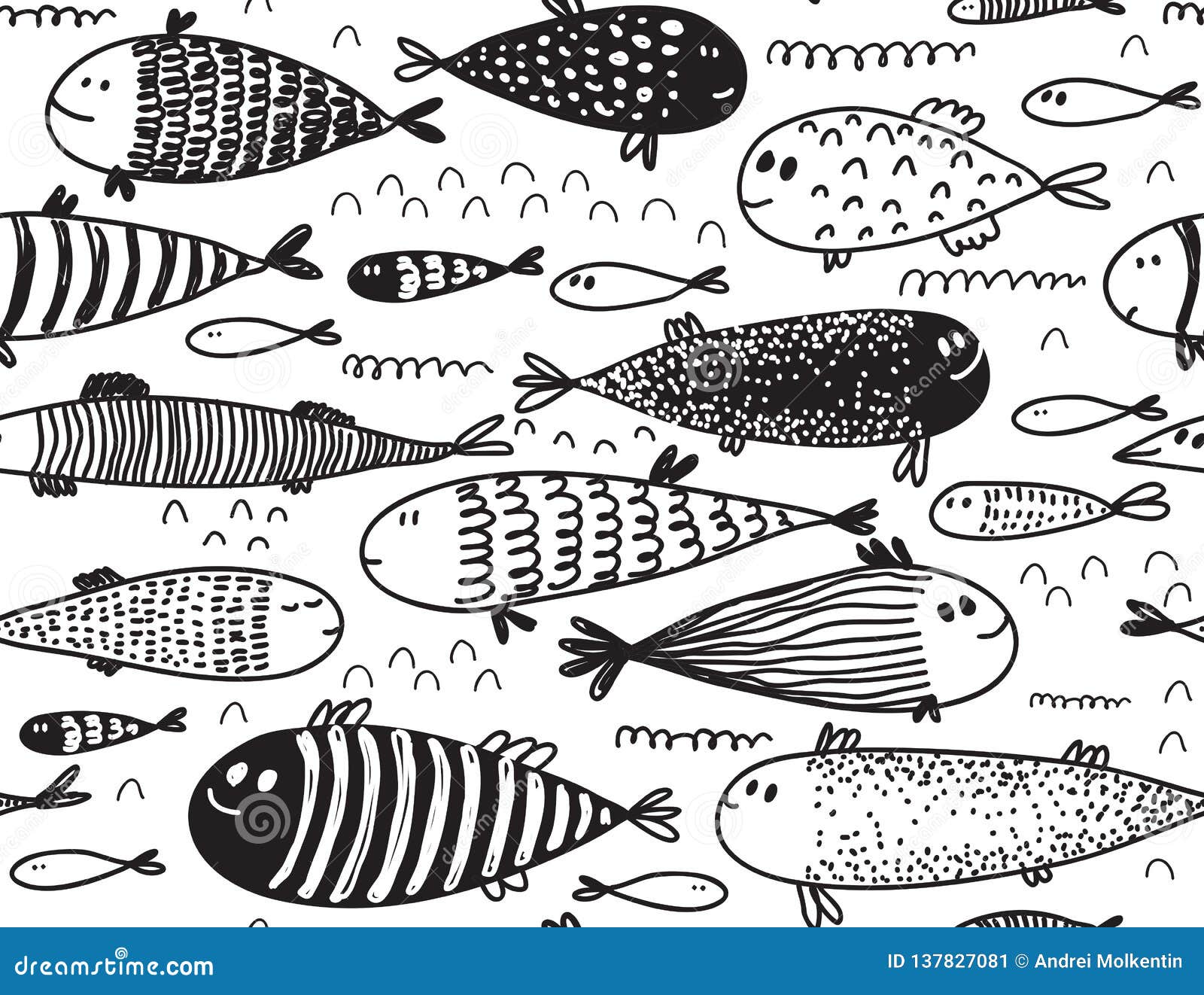Seamless Pattern with Hand Drawn Cute Fish in Sketch Style. Stock ...