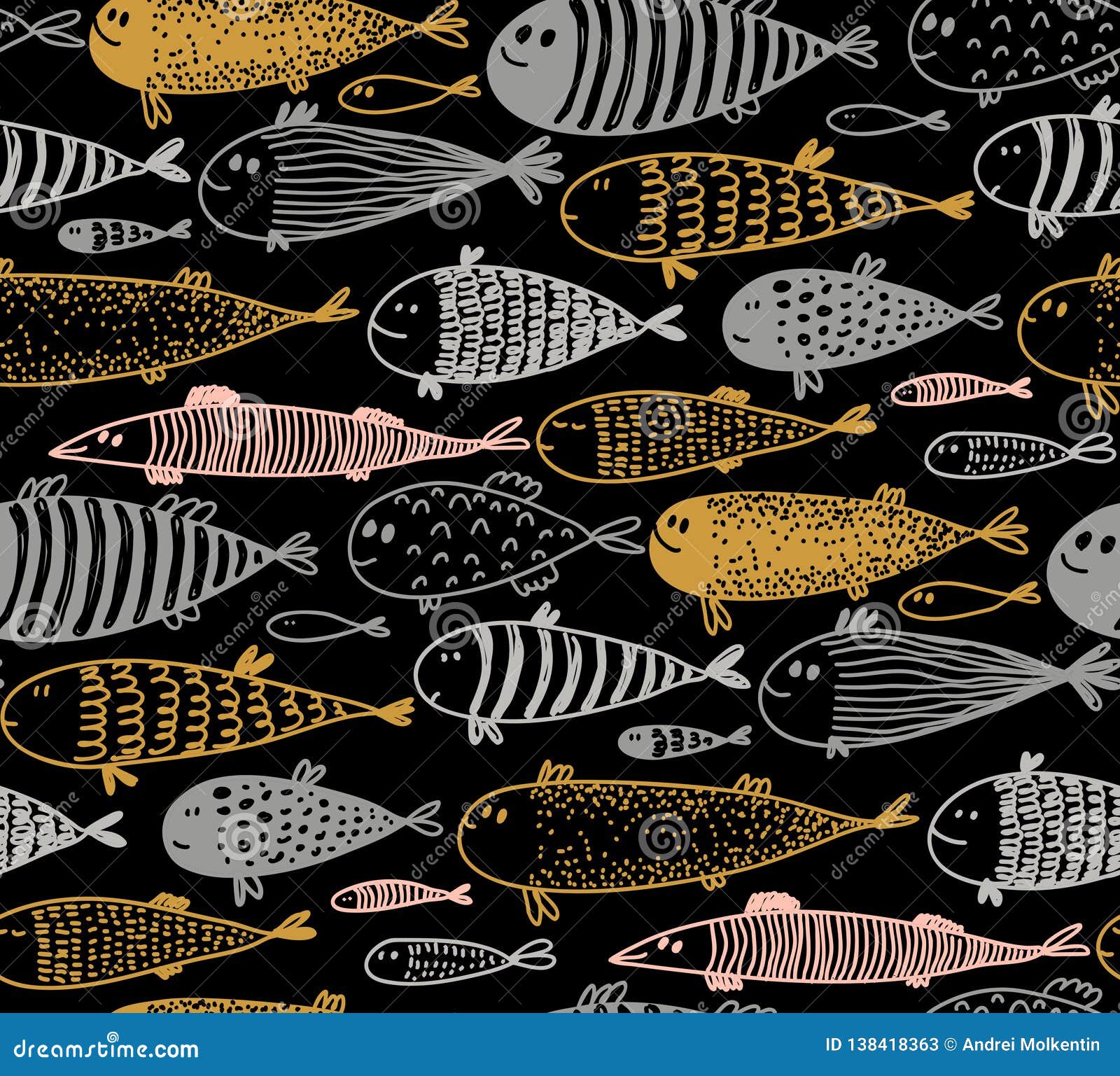 Seamless Pattern with Hand Drawn Cute Fish in Sketch Style. Stock ...