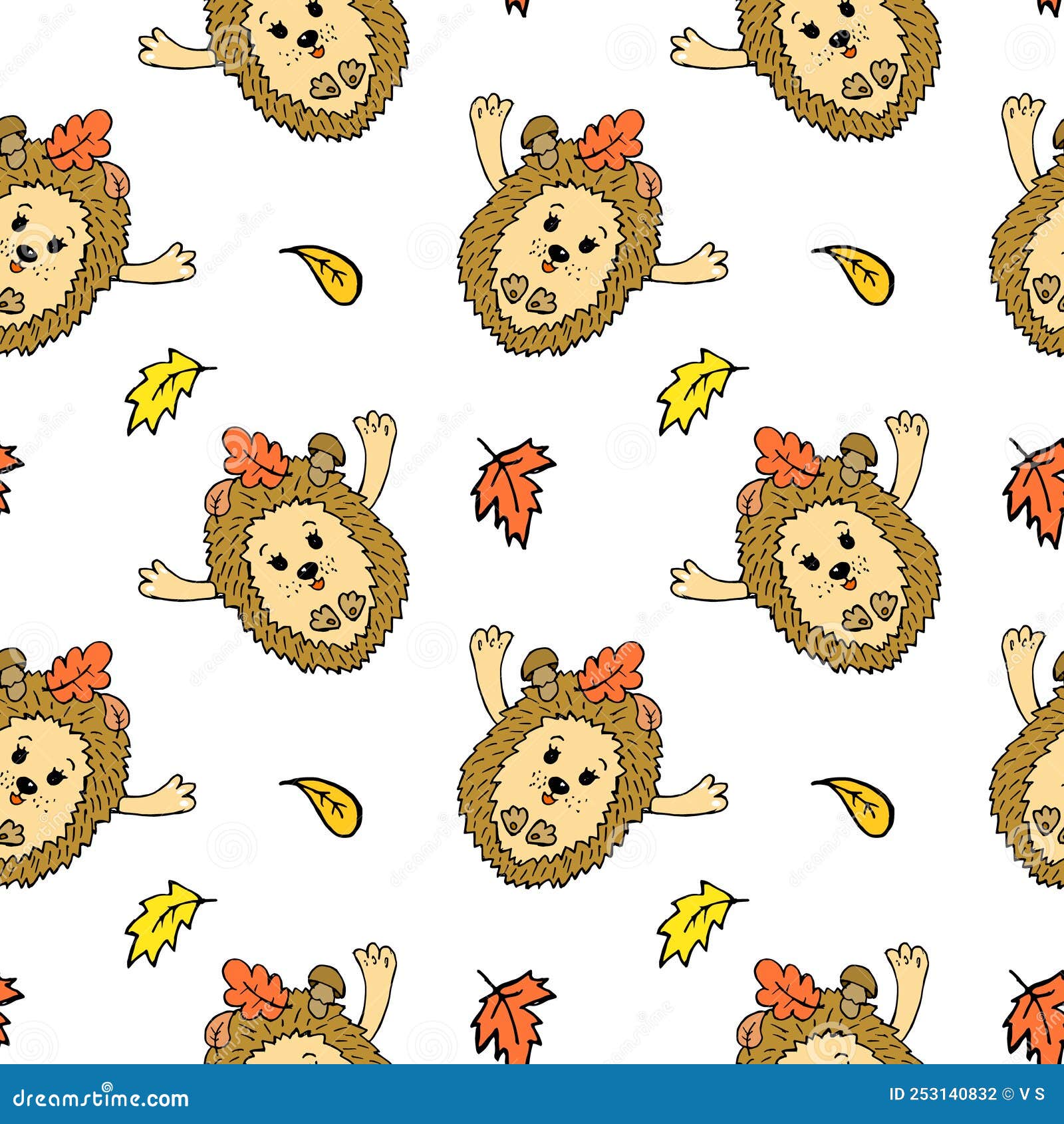 Seamless Pattern, Hand Drawn Cute Hedgehog and Autumn Leaves. Print ...