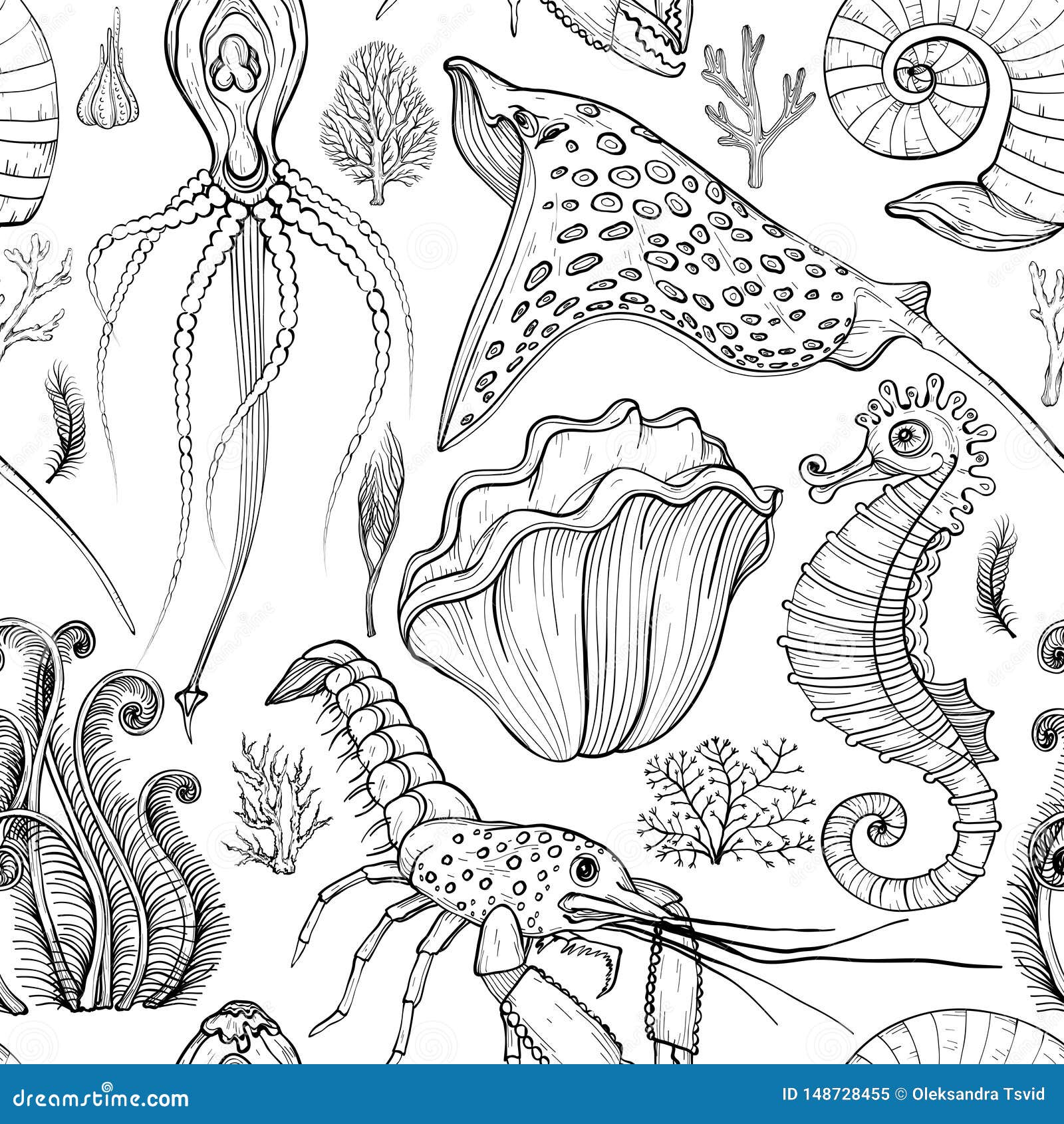 Seamless Pattern with Hand Drawn Deepwater Living Organisms. Black and ...