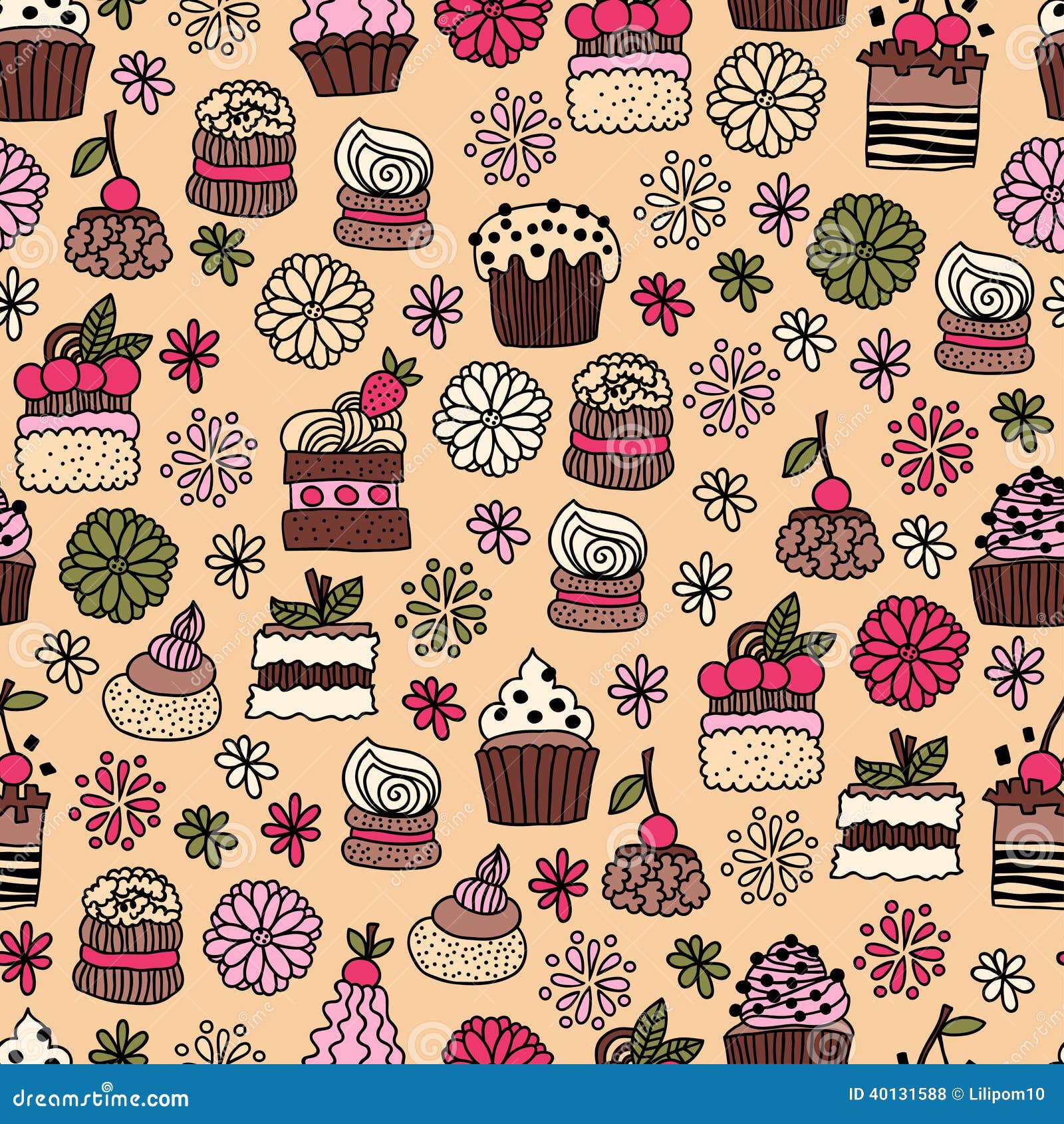 Seamless Pattern Of Hand Drawn Doodle Cakes Desserts Stock Vector