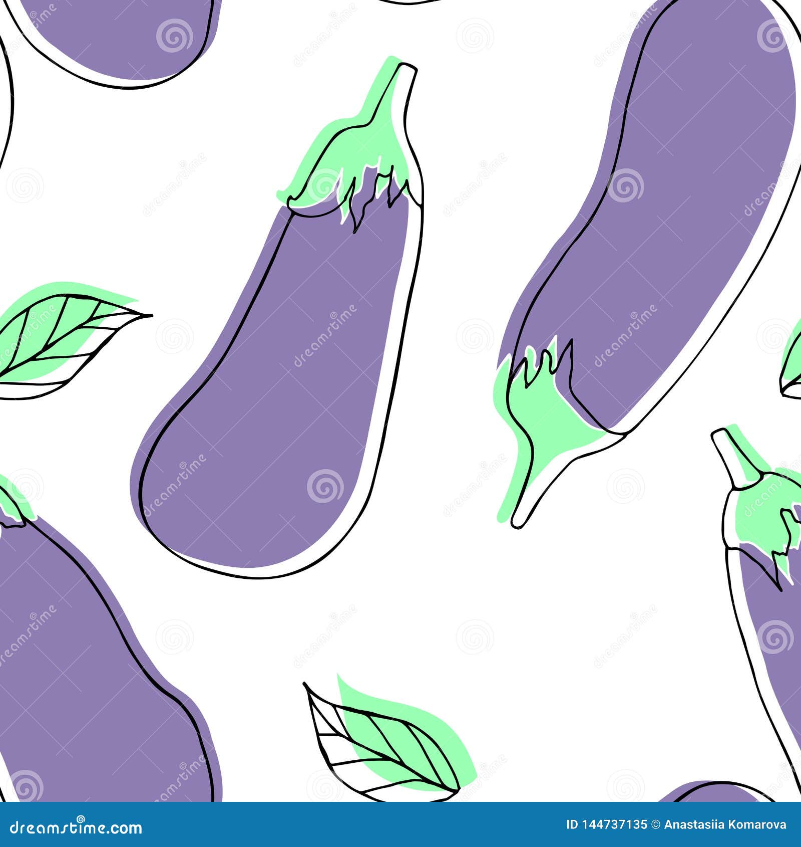 Seamless Pattern with Hand Drawn Doodle of Eggplants. Linear Black Drawing and Color Silhouette ...