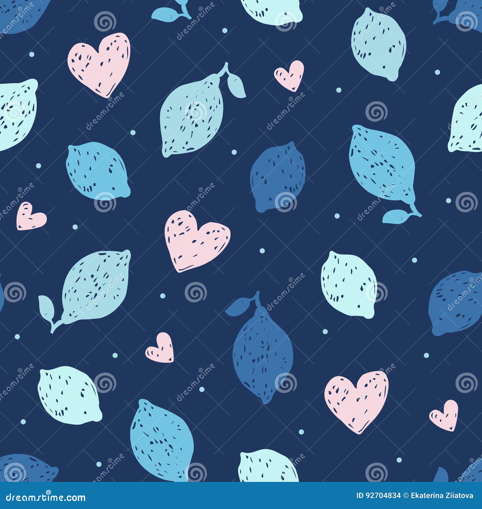 Seamless Pattern with Hand Drawn Doodle Lemons and Hearts. Vector ...