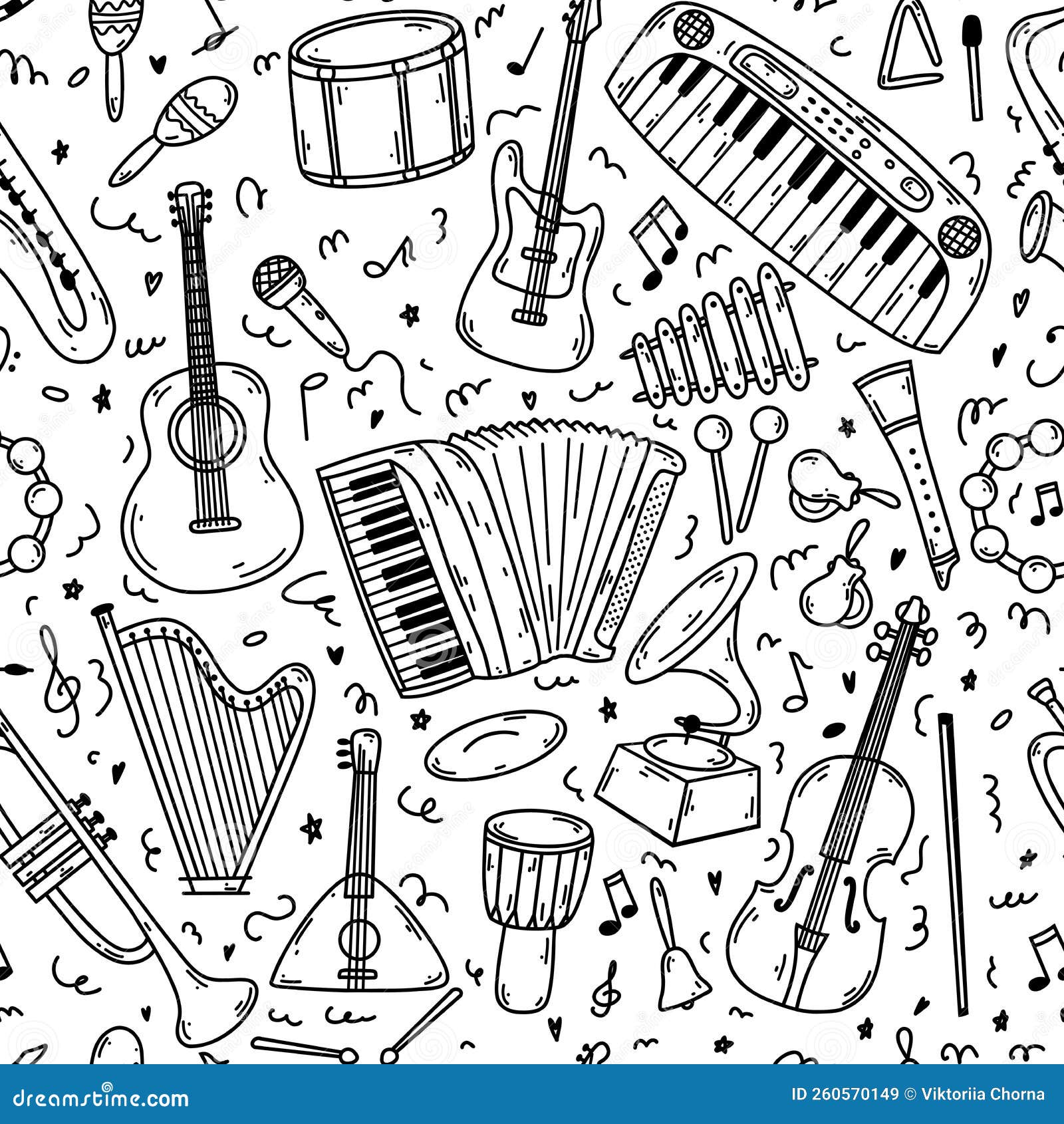 Seamless Pattern with Hand Drawn Doodle Musical Instruments. Vector ...