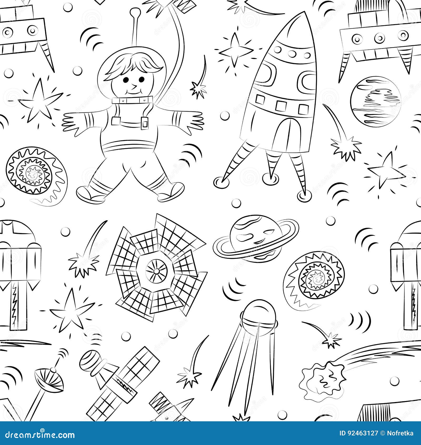 Seamless Pattern of Hand Drawn Doodle Spaceman, Spaceships, Rockets ...