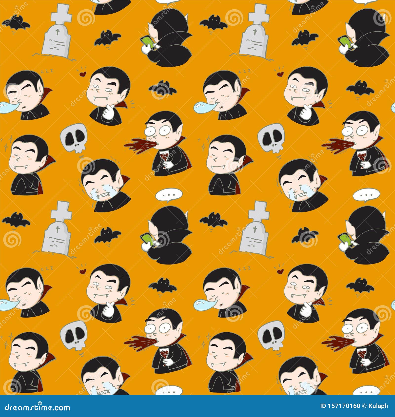 Seamless Pattern Hand Drawn Dracula Vampire Many Emotion Stock Vector ...