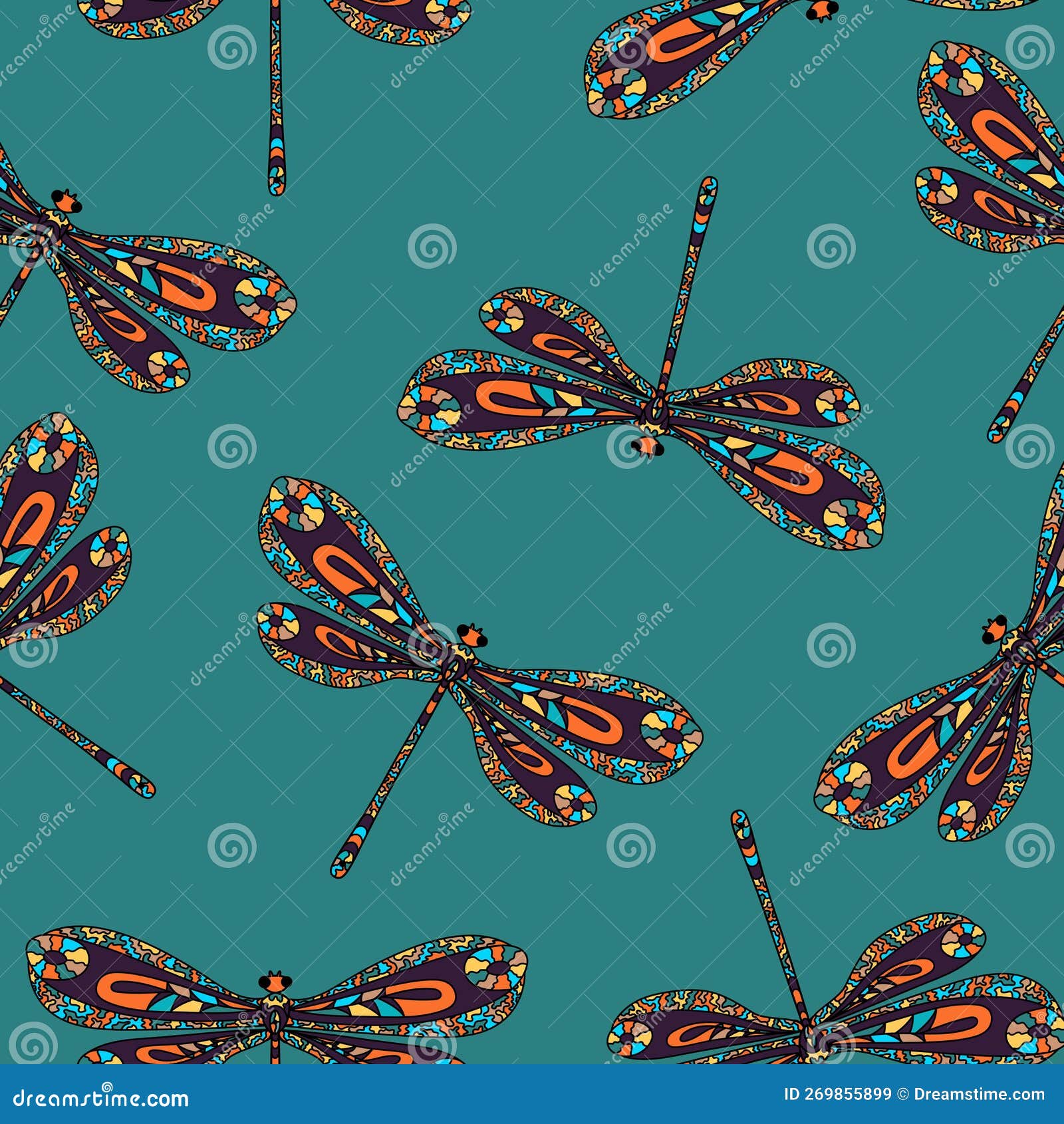 Seamless Pattern with Hand Drawn Dragonfly in Zentangle Style. Stock ...