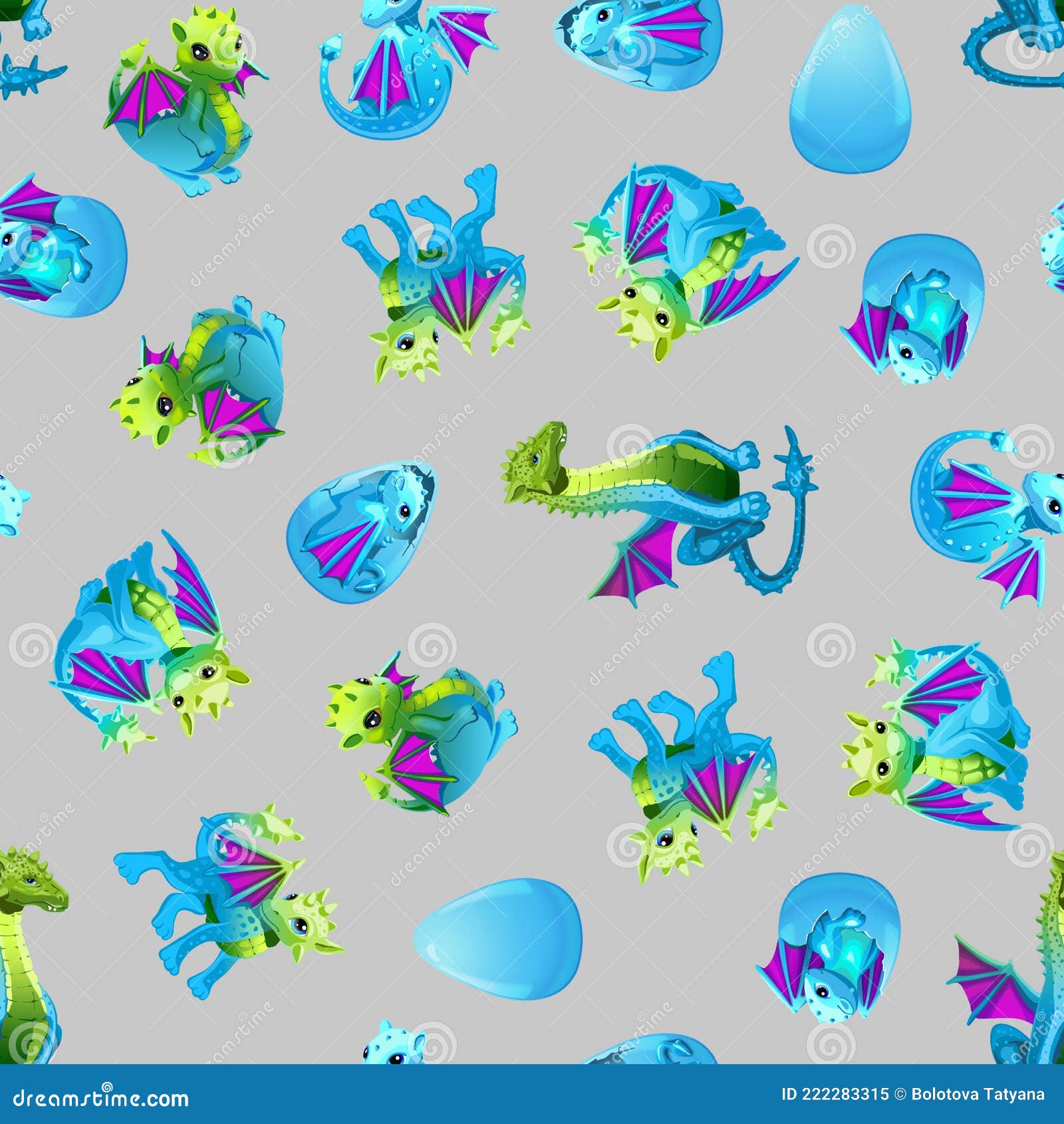 Seamless Pattern Hand-drawn Dragons, Gray Background Stock Illustration ...